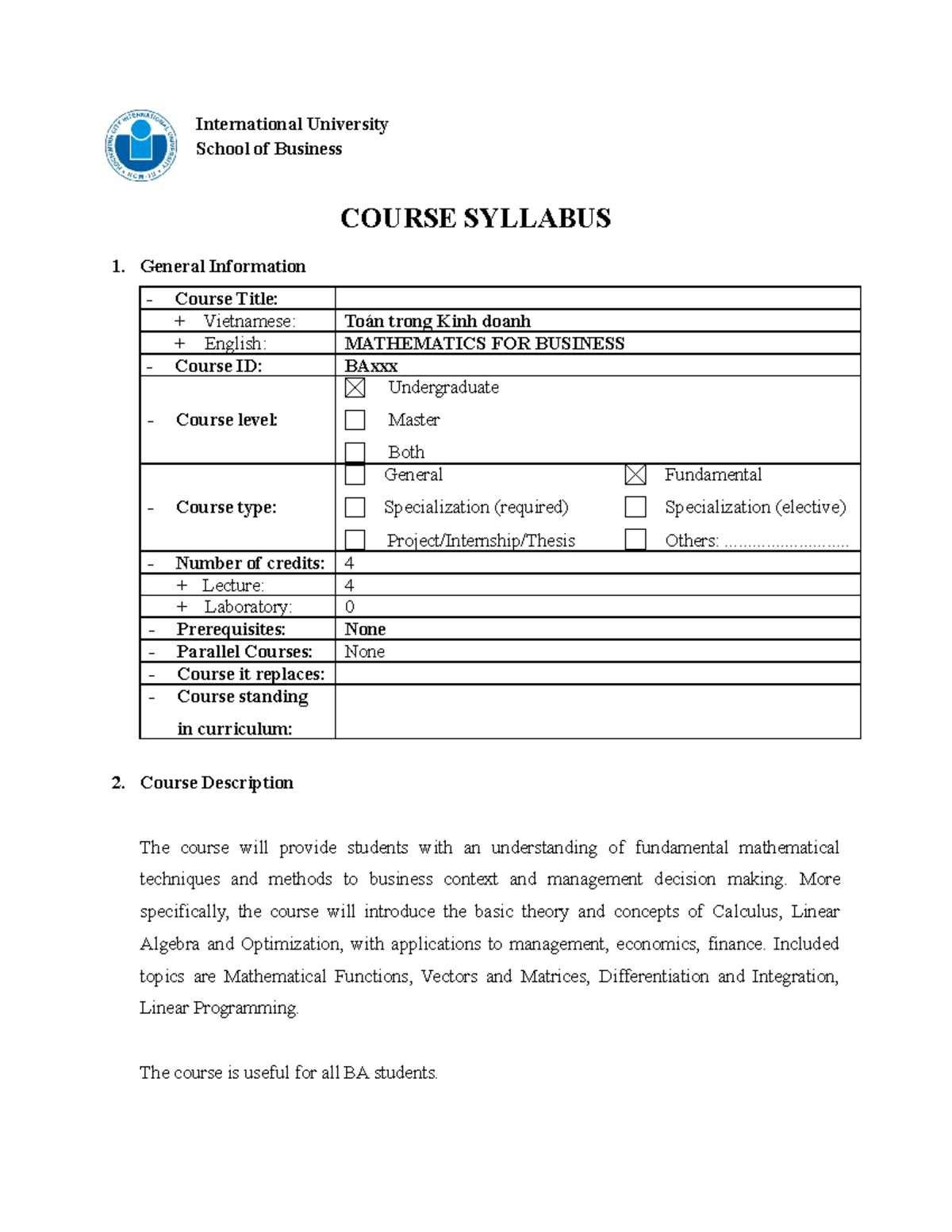 Syllabus-Mathematics for Business - International University School of ...