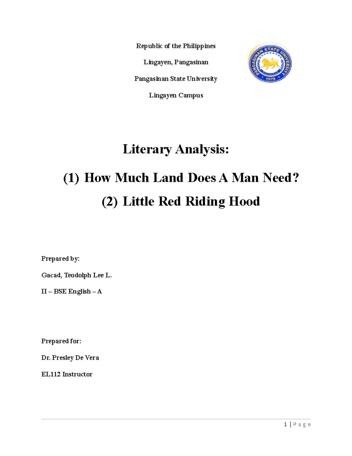 Lit2. literary analysis of your own choice - BS. education - PangSU ...