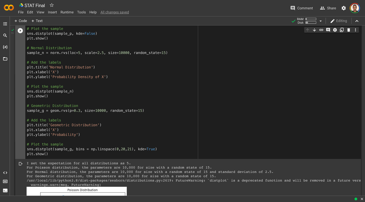 STAT Final - Colaboratory 2 - STAT Final File Edit View Insert Runtime Tools Help All changes ...