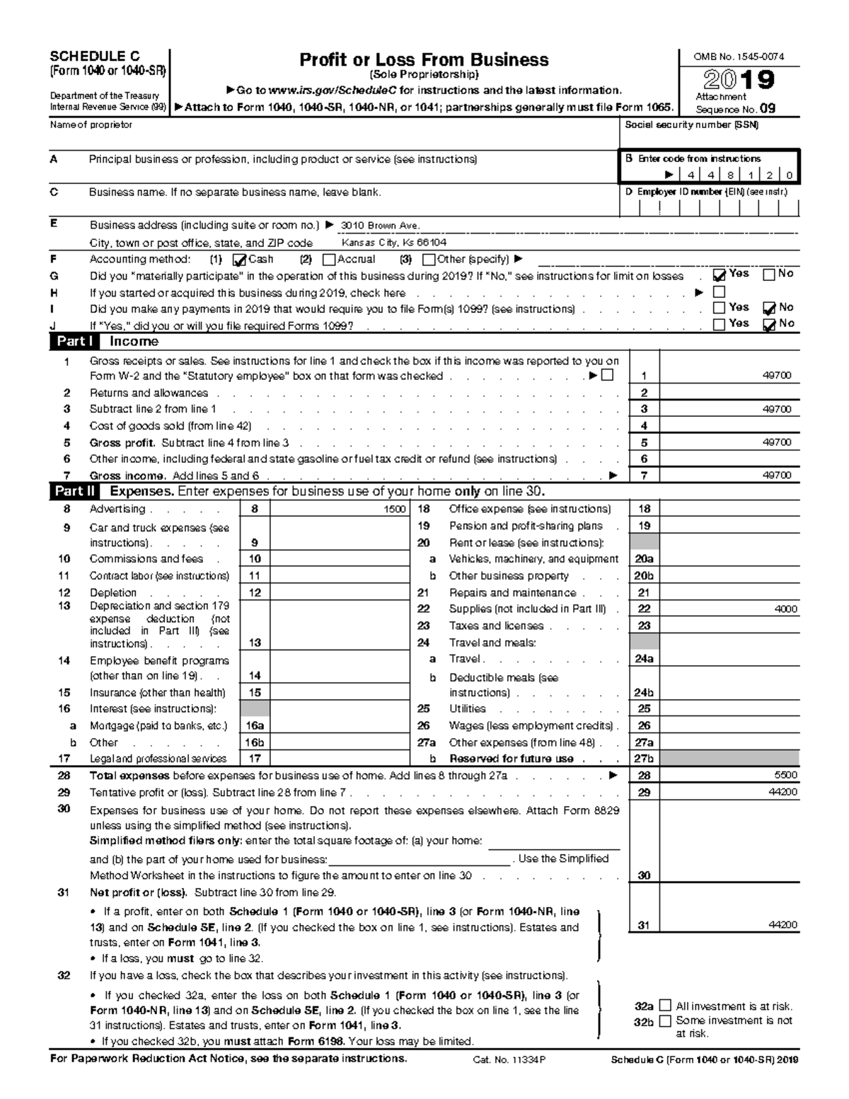 Vain - notes - SCHEDULE C (Form 1040 or 1040-SR) Department of the ...