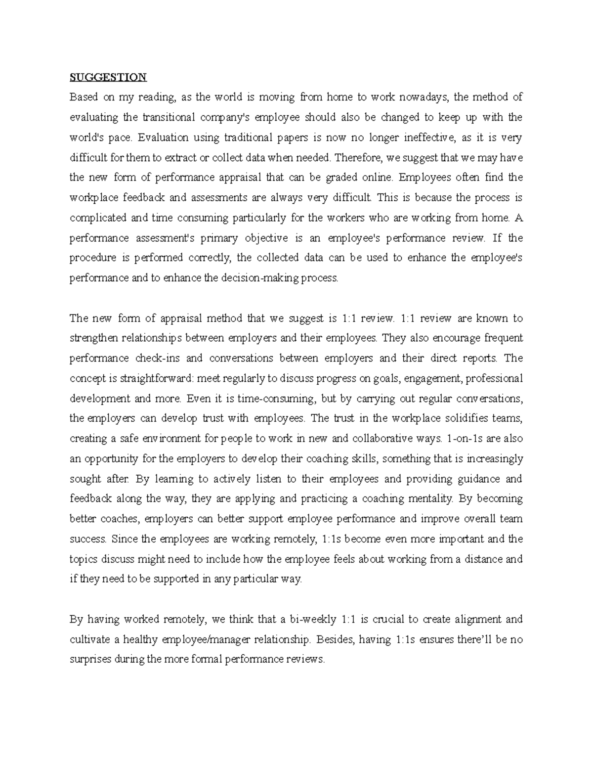 New Performance Appraisal Method - SUGGESTION Based on my reading, as ...