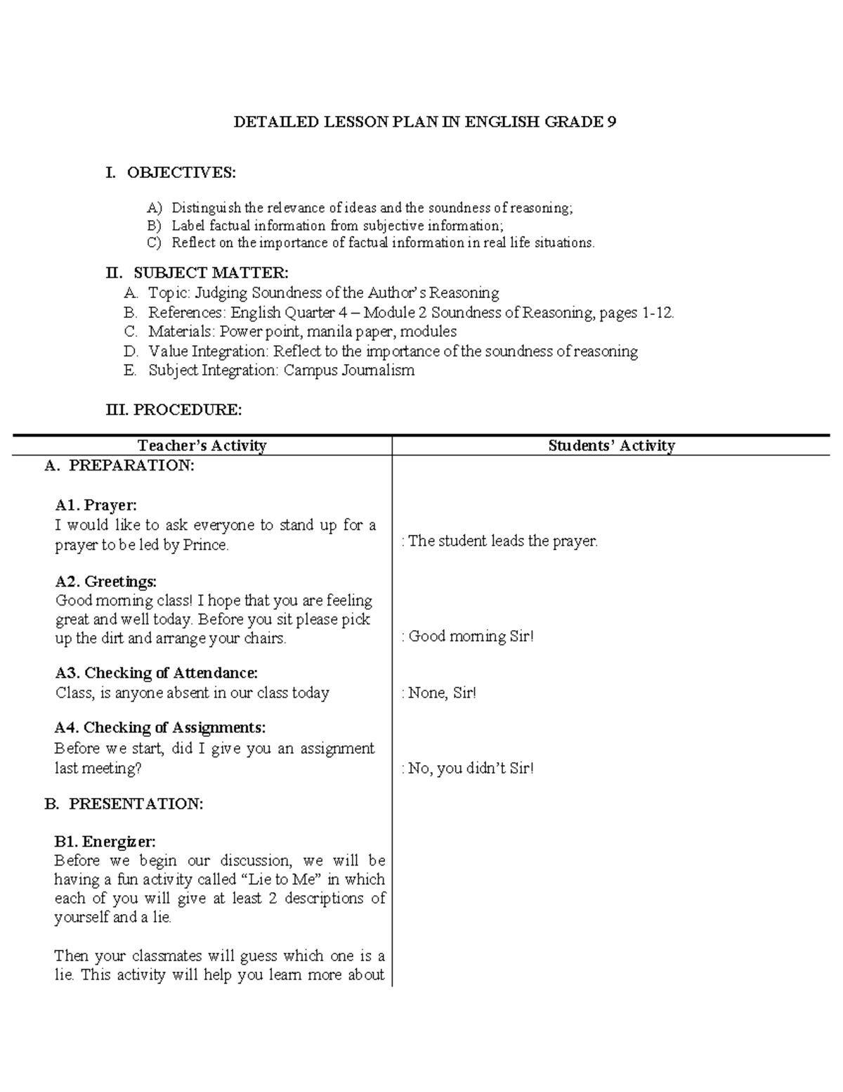 Detailed Lesson PLAN IN English Grade 9 - DETAILED LESSON PLAN IN ...