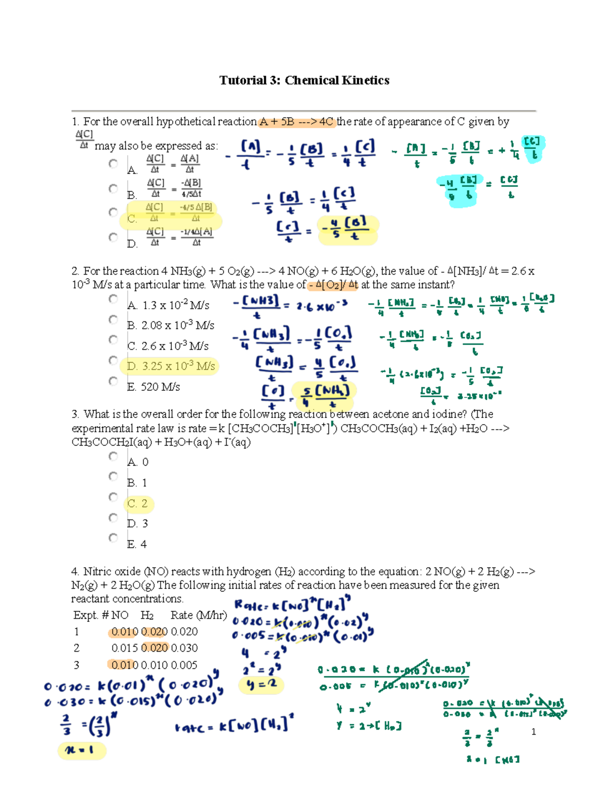 Extra Exercise Chemical Kinetics (Chapter 4) - 1 Tutorial 3: Chemical ...