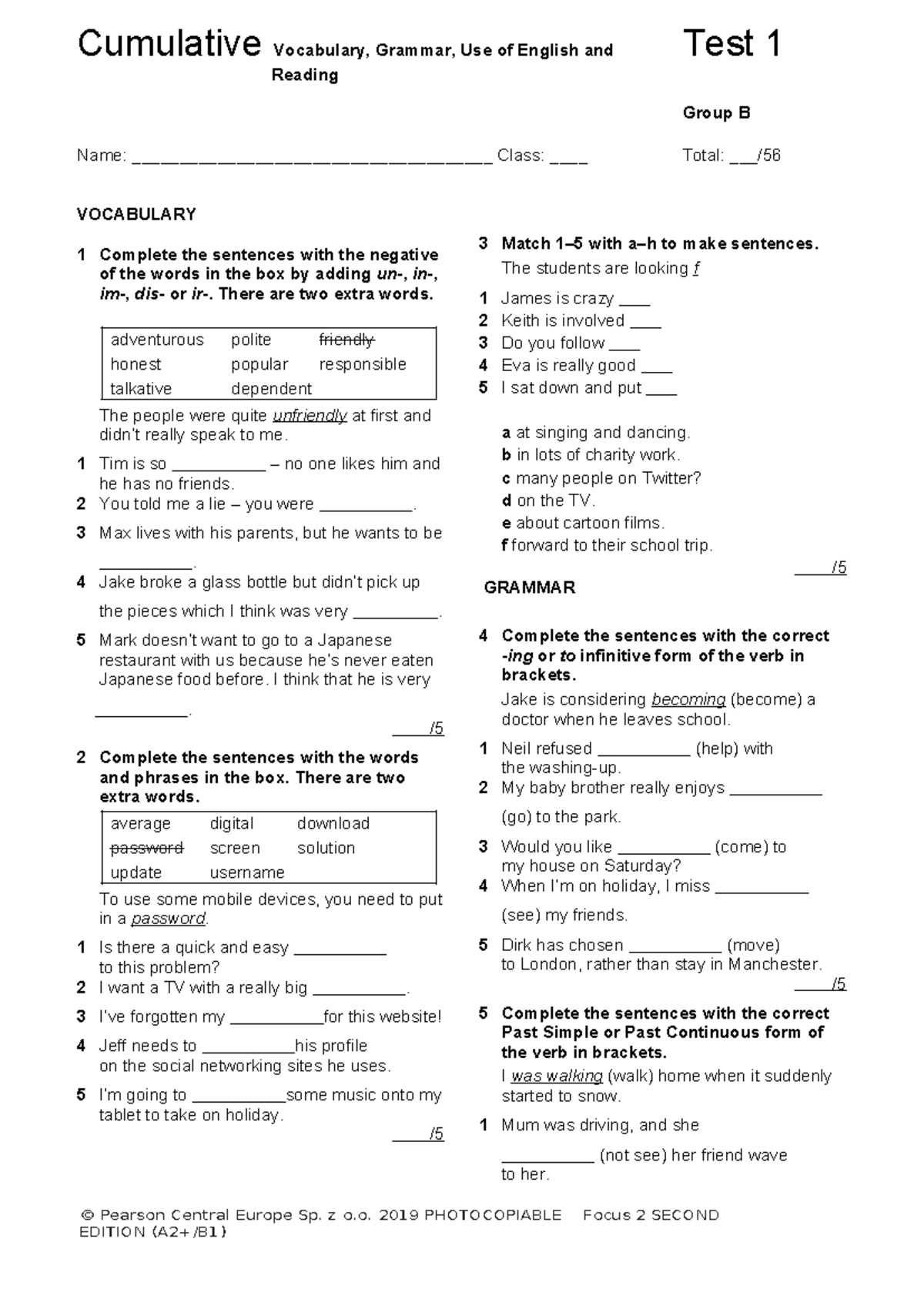 Focus 2 2ed Cumulative Test 1 Units 1-2 Group B - Cumulative Vocabulary ...