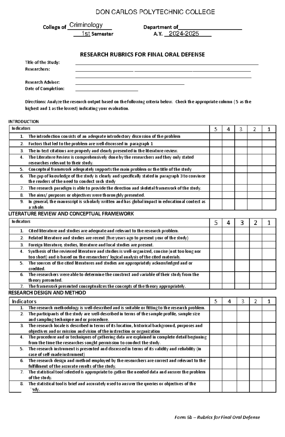 Research Rubrics Final Oral Defense - University of San Jose-Recoletos ...