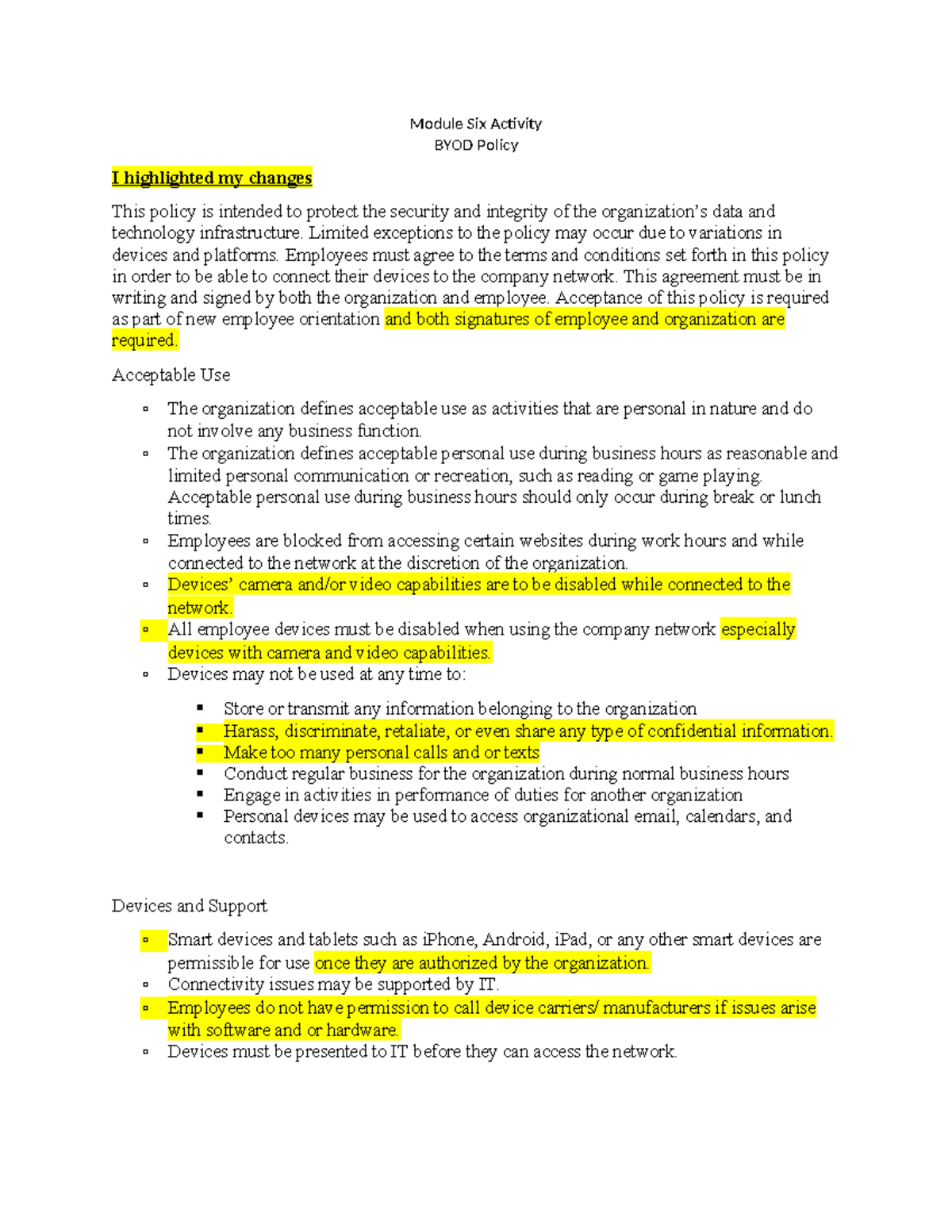 CYB 250 Module 6 Activity Lisa Bogdon - Module Six Activity BYOD Policy ...