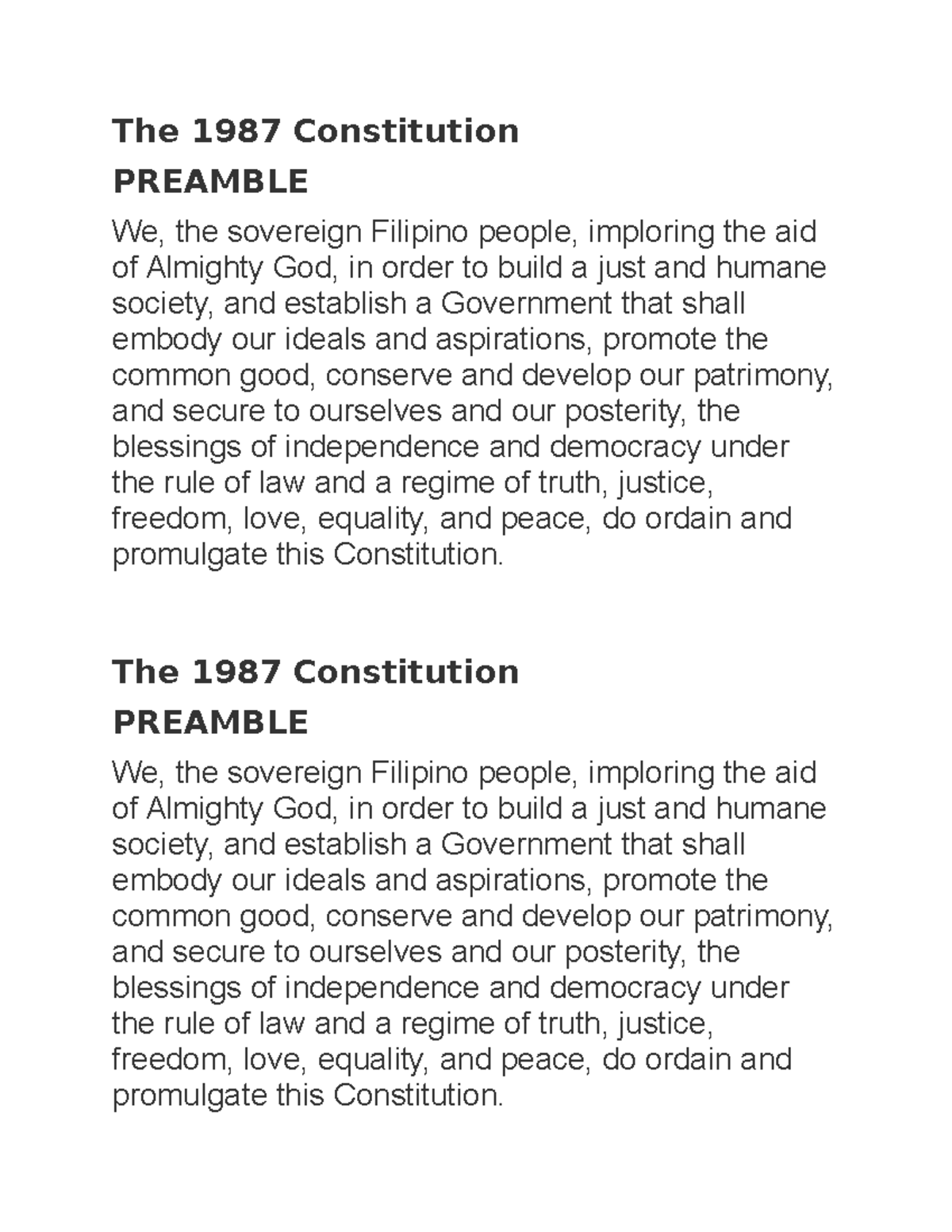 10 Oclock Week 2Preamble - The 1987 Constitution PREAMBLE We, the ...