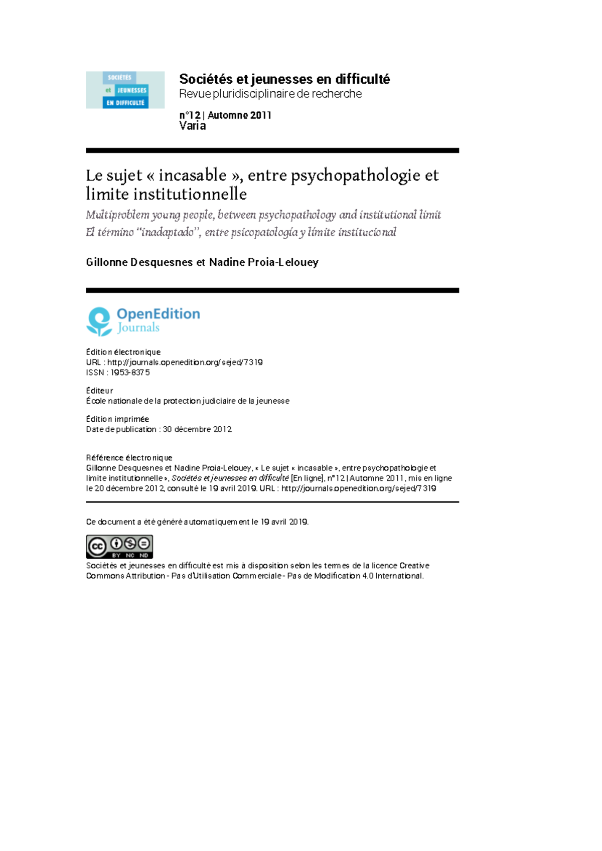 Le sujet incasable entre psychopathologie et limite institutionnelle ...