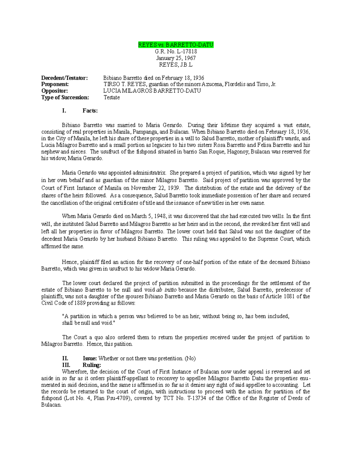 Zach 1 update- preterition cases - REYES vs. BARRETTO-DATU G. No. L ...