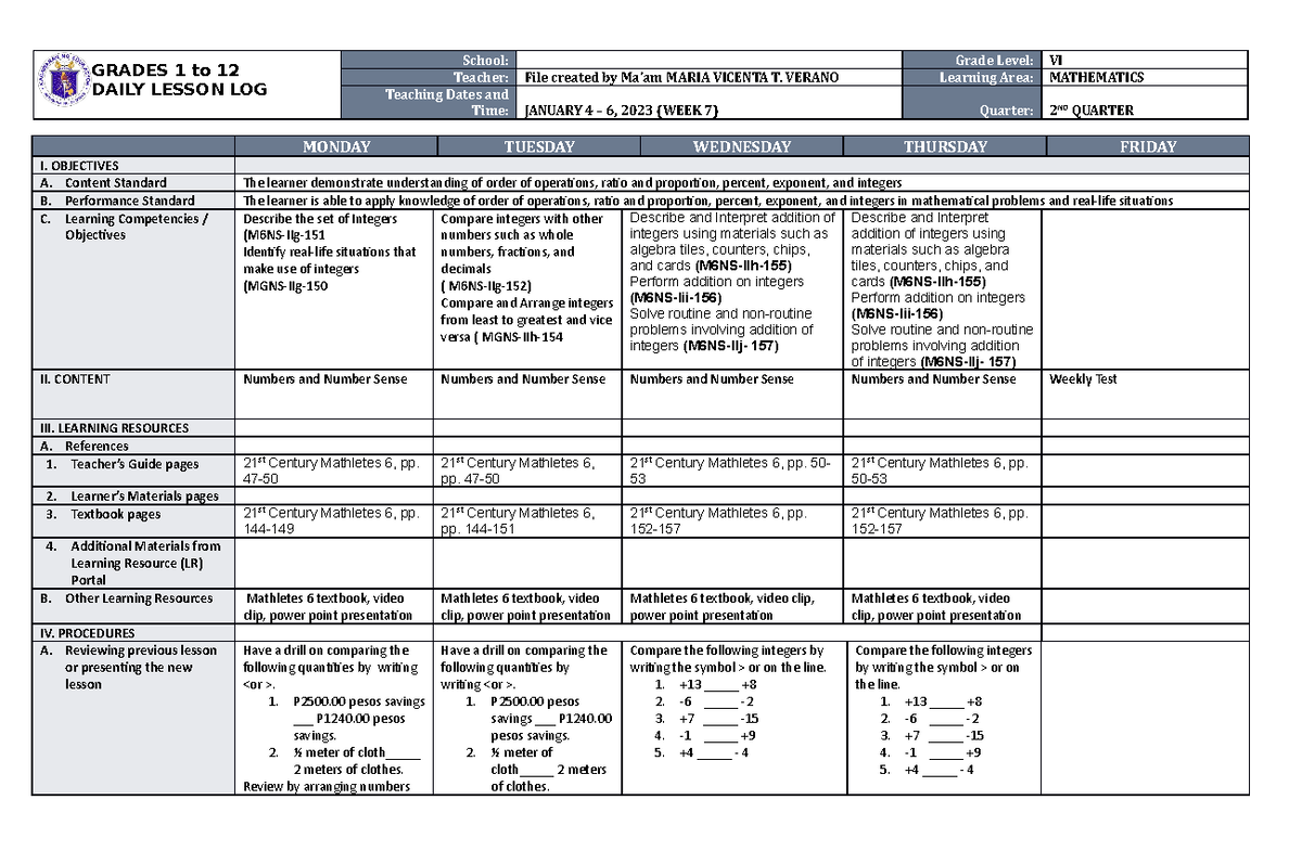 DLL Mathematics 6 Q2 W7 - GRADES 1 to 12 DAILY LESSON LOG School: Grade ...