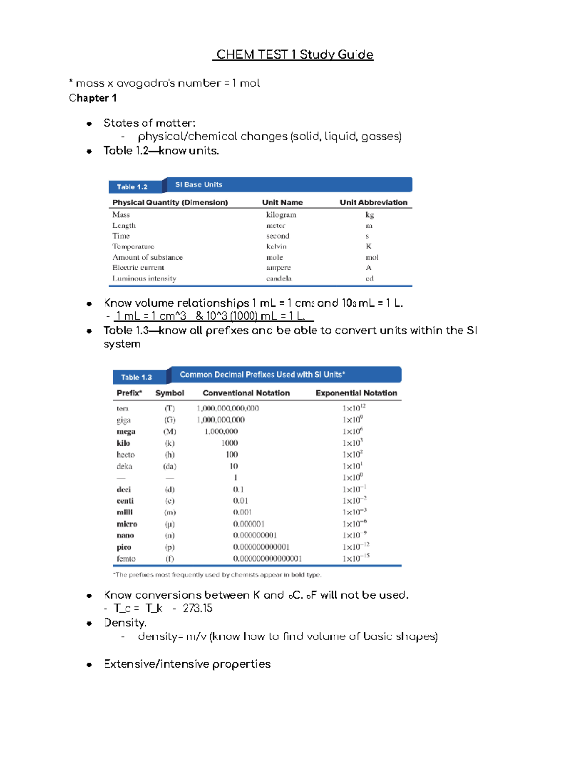Chem Sem 1 Recap - CHEM TEST 1 Study Guide * mass x avogadro's number ...