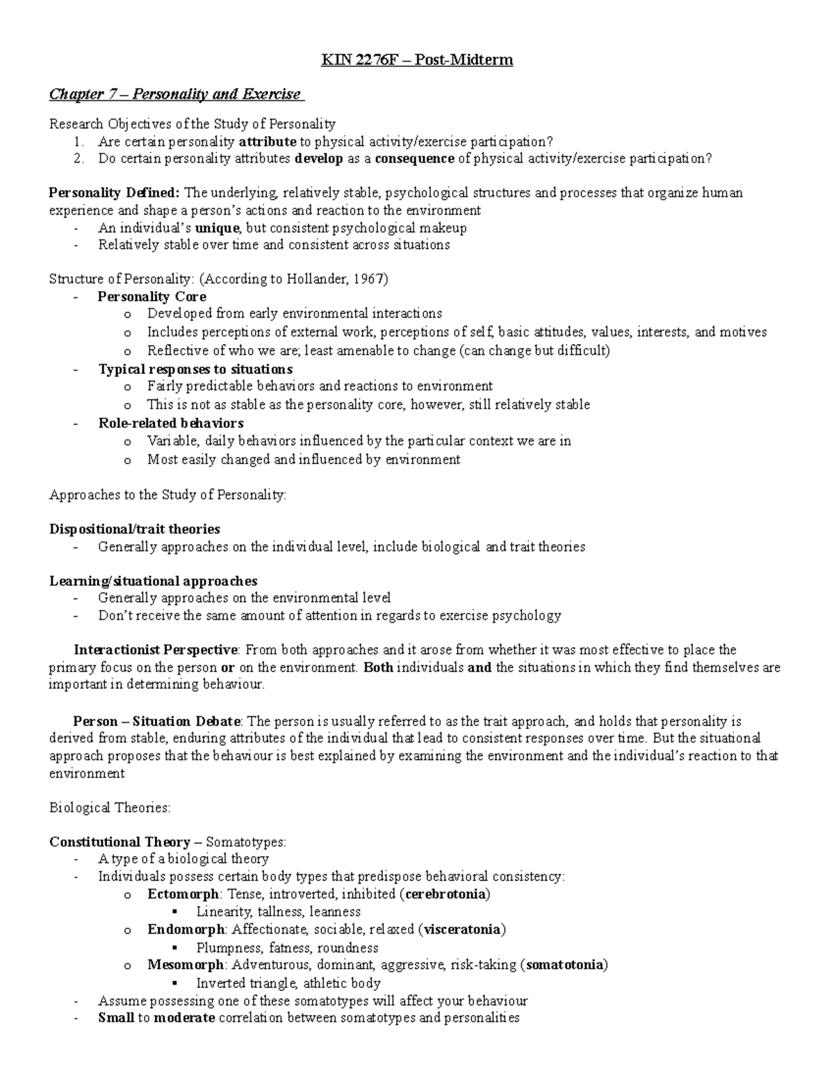 KIN 2276F Post Midterm Notes - KIN 2276F – Post-Midterm Chapter 7 ...