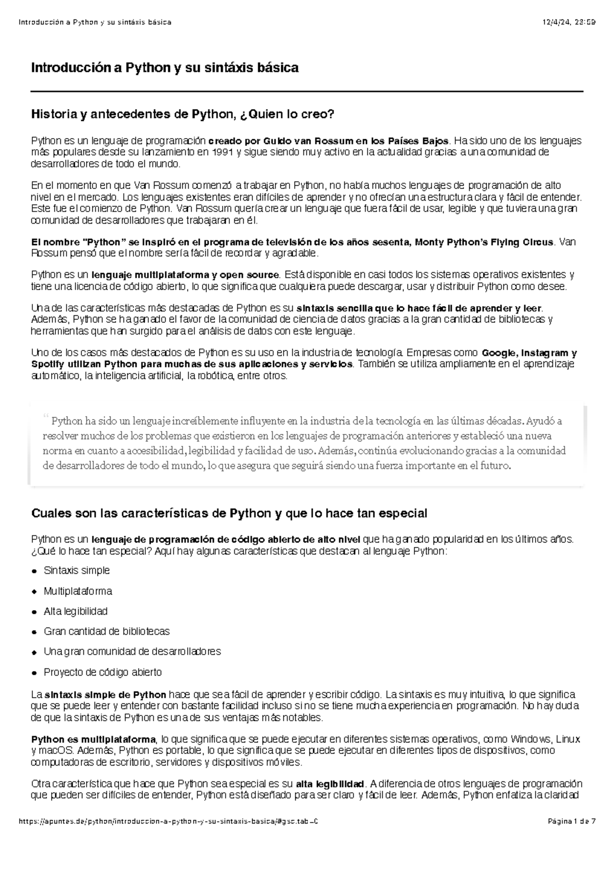 Introducción a Python y su sintáxis básica - Introducción a Python y su sintáxis básica Historia ...
