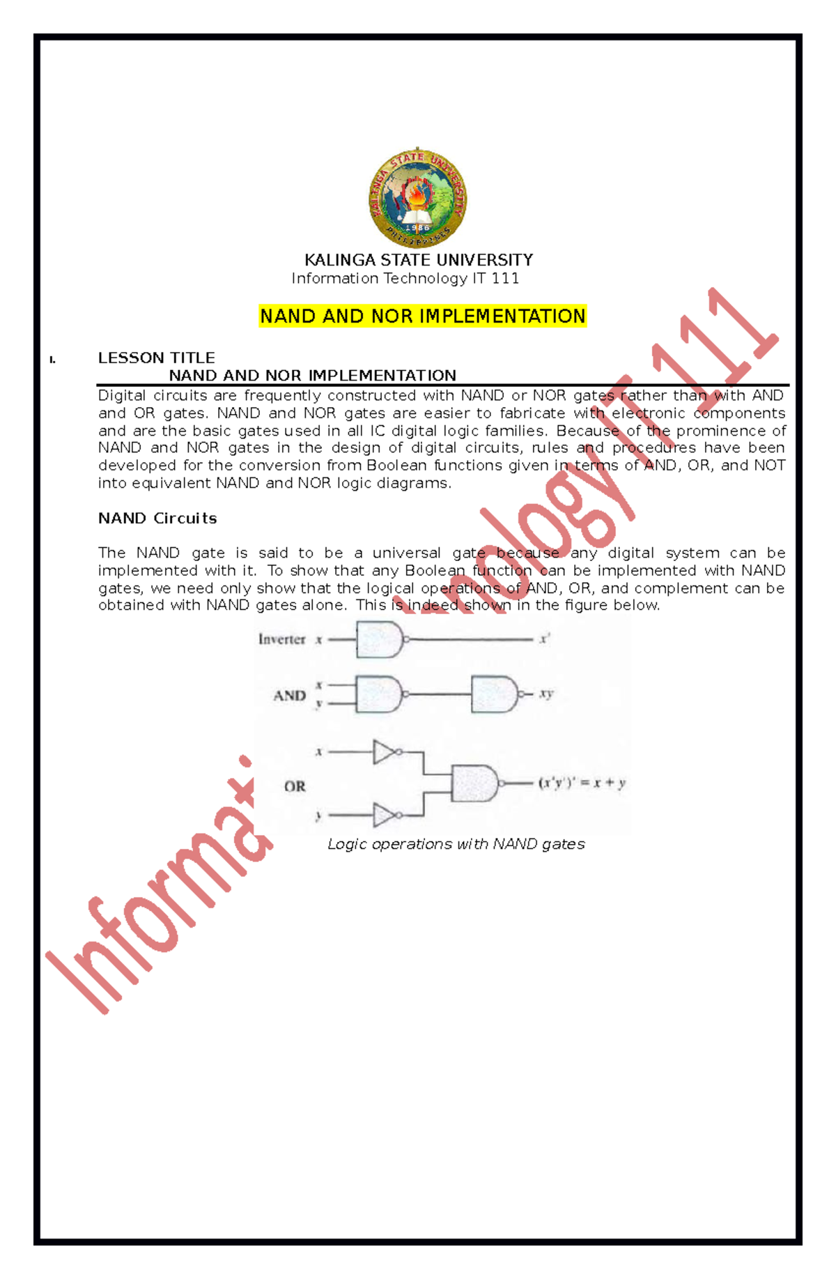 NAND AND NOR Implementation - KALINGA STATE UNIVERSITY Information Technology IT 111 NAND AND ...