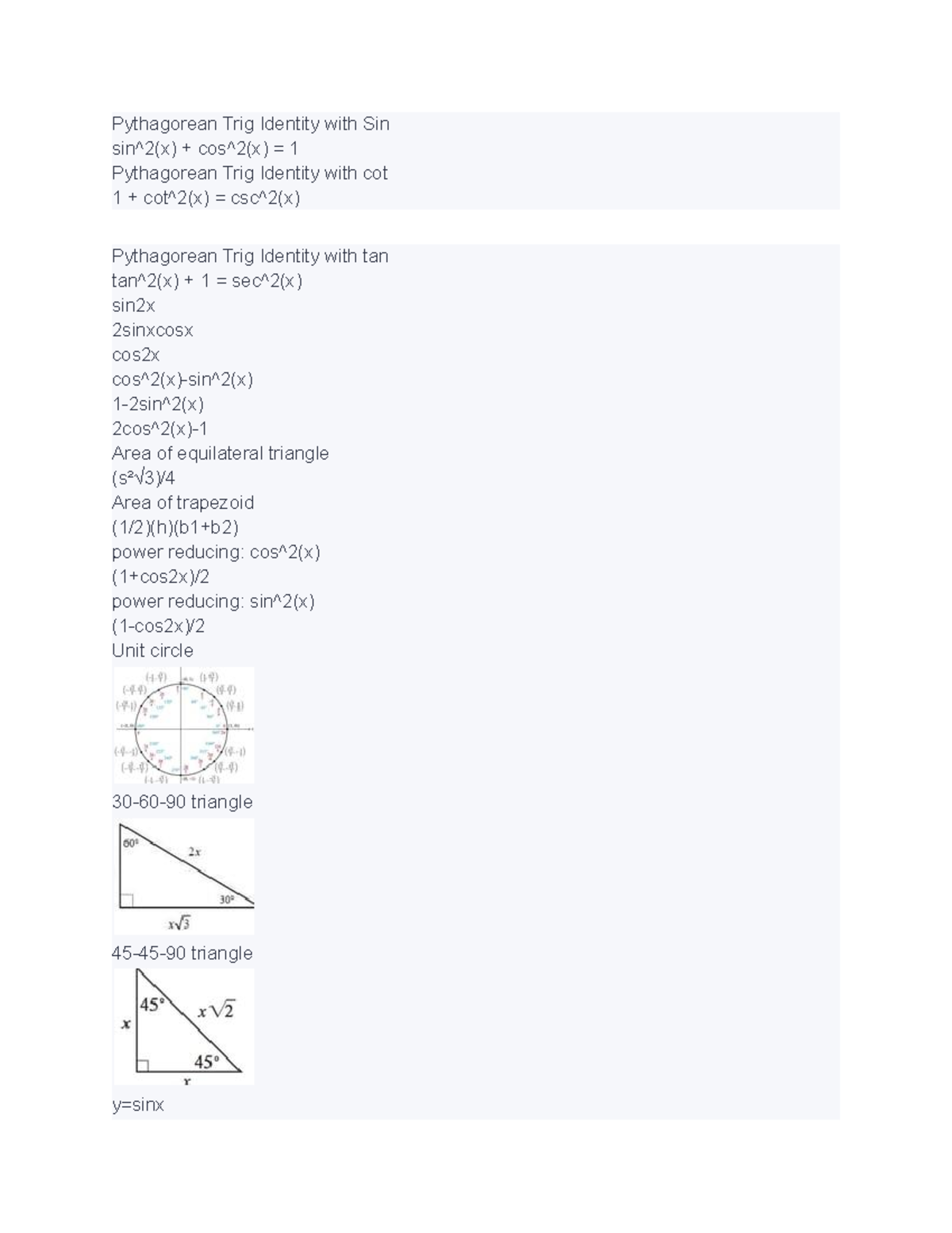 Calculus BC memory sheet - Pythagorean Trig Identity with Sin sin^2(x ...