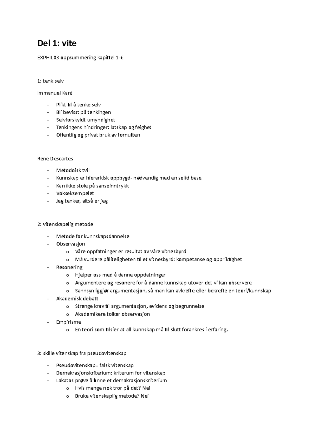 Exphil 03 Vite oppsummering - Del 1: vite EXPHIL03 oppsummering kapittel 1- 1: tenk selv ...