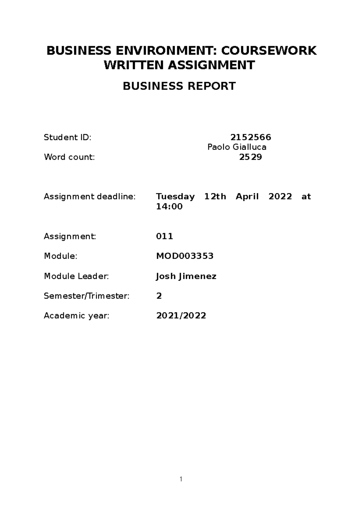 TRI 2 BEN 011 Coursework Business Report - BUSINESS ENVIRONMENT ...