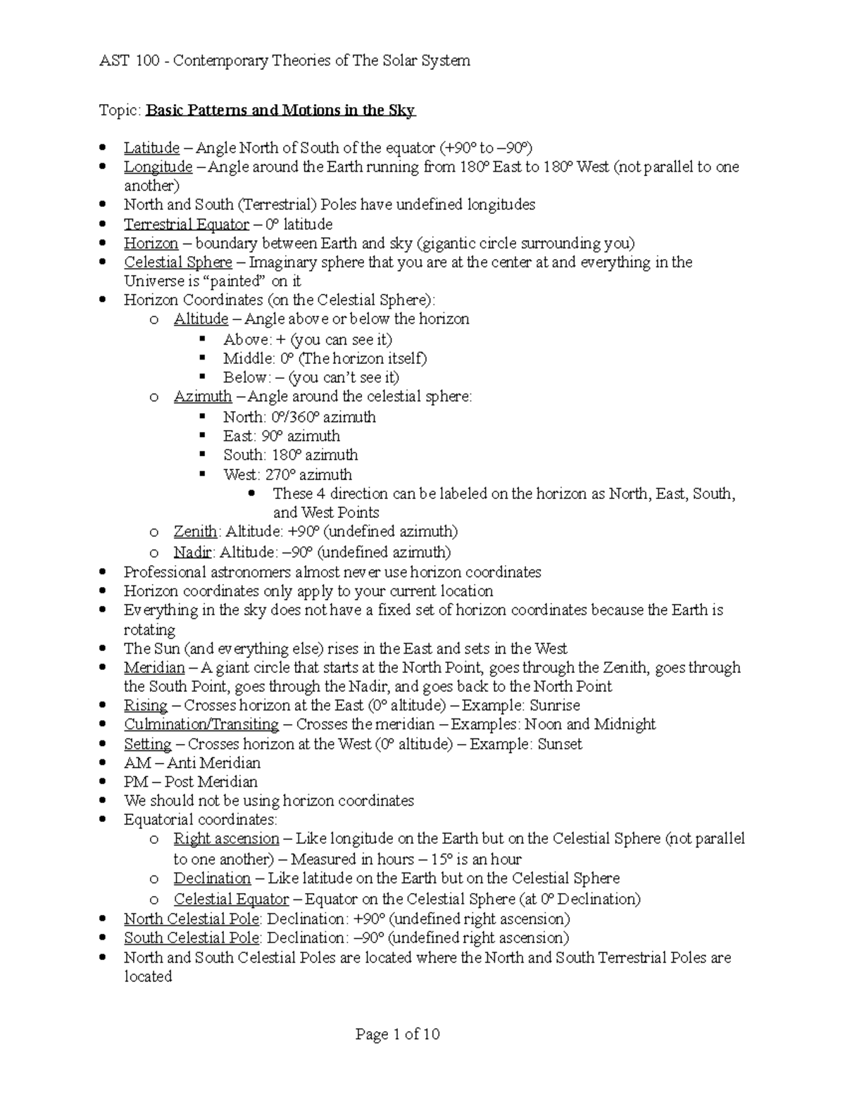 Basic Patterns and Motions in the Sky Notes - Topic: Basic Patterns and ...