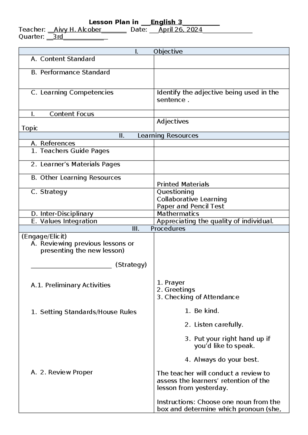 Blank-Lesson-Plan - Lesson Plan in English 3_________ Teacher: Aivy H ...