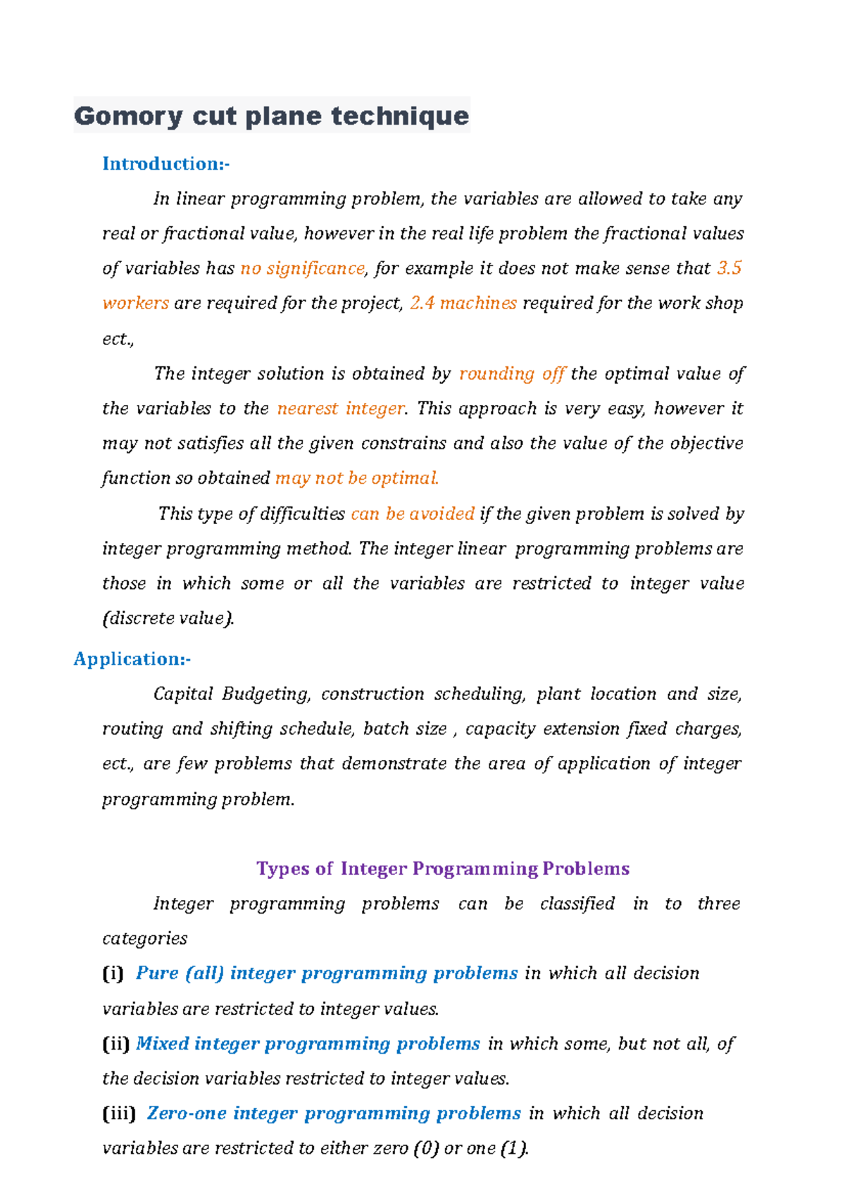 Gomory cut plane technique - Gomory cut plane technique Introduction:- In linear programming ...