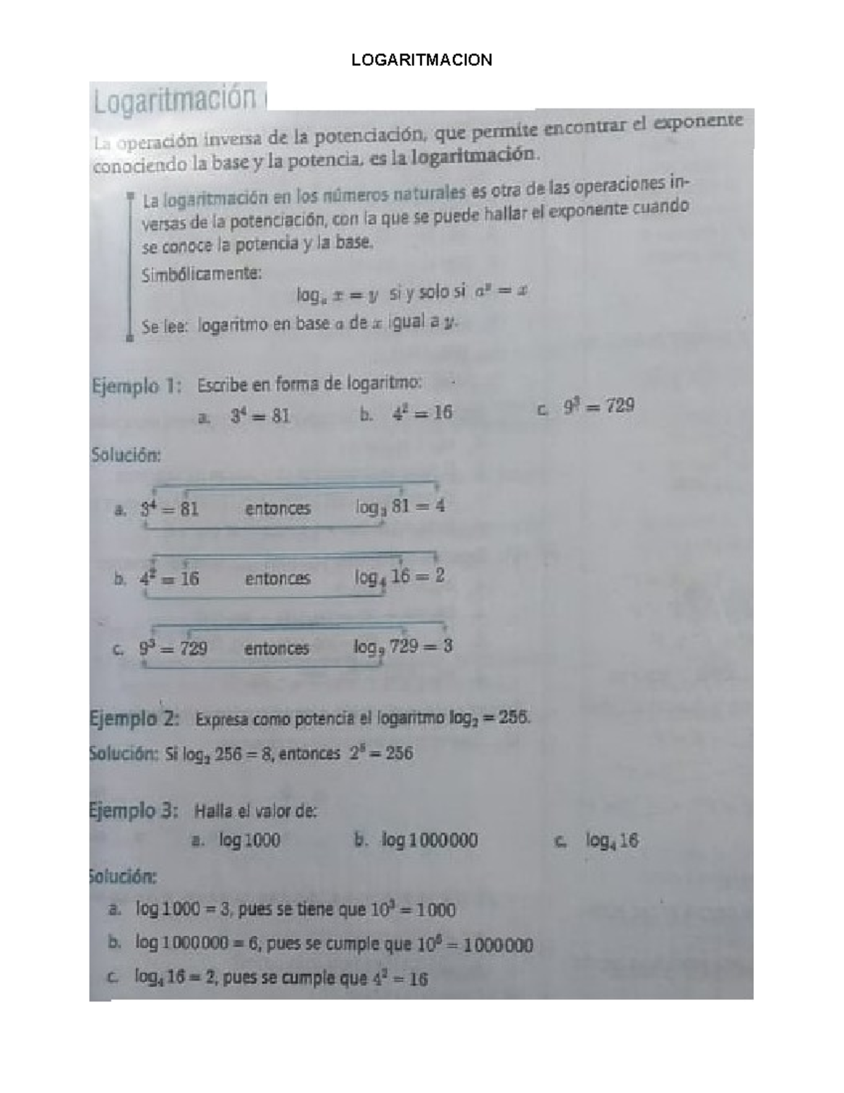 Logaritmacion y propiedades 6° - Matemática Basica - LOGARITMACION ...