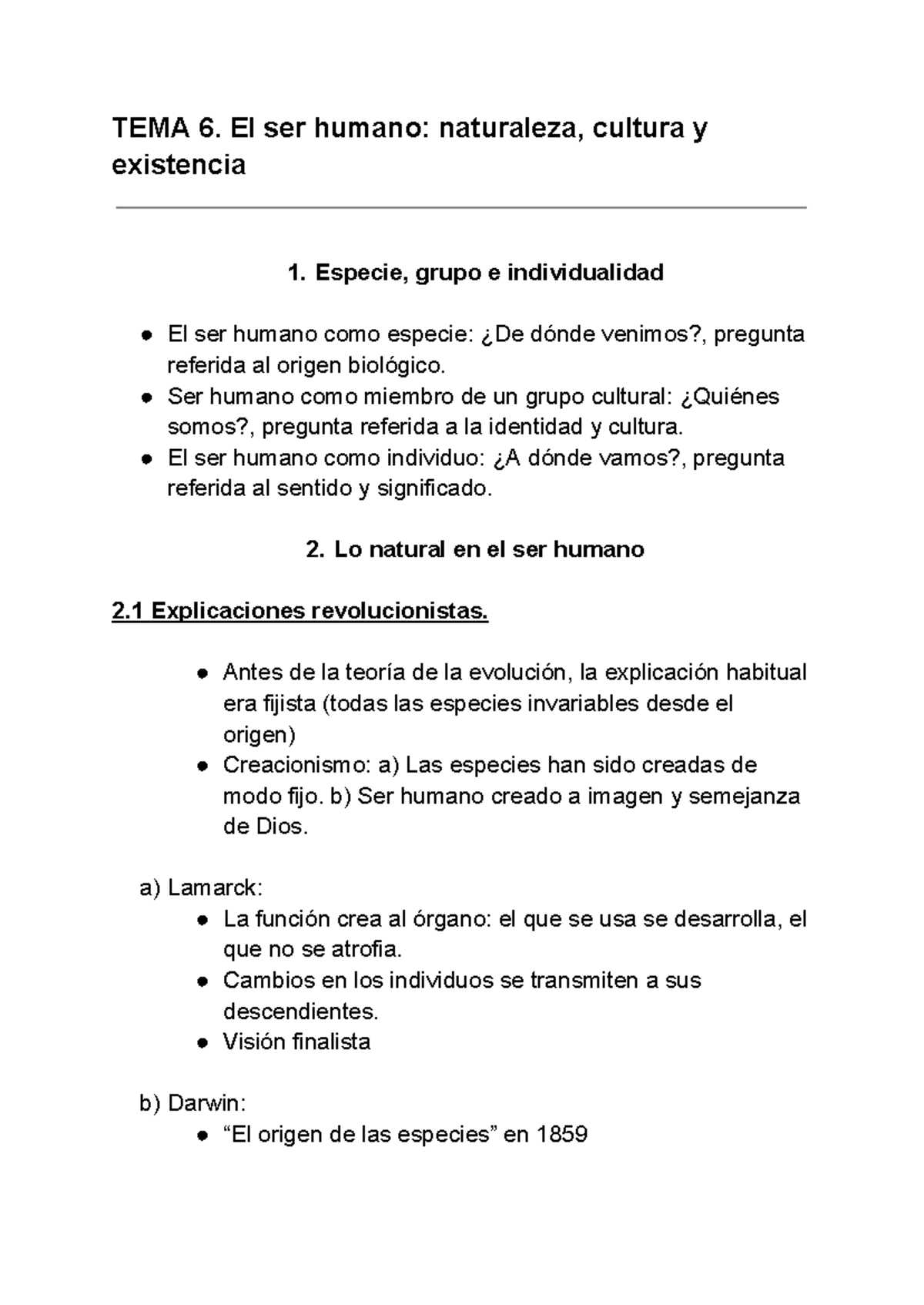 TEMA 6 Filosofã A - TEMA 6. El ser humano: naturaleza, cultura y existencia 1. Especie, grupo e ...