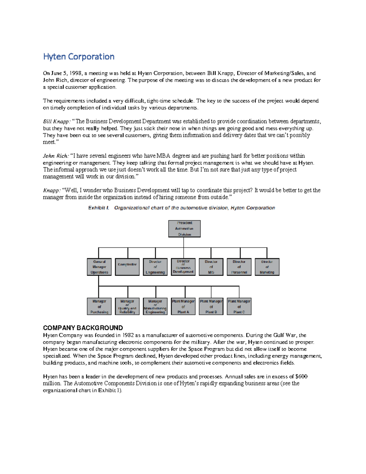 Hyten Case Study Part 1 - Hyten Corporation On June 5, 1998, a meeting ...