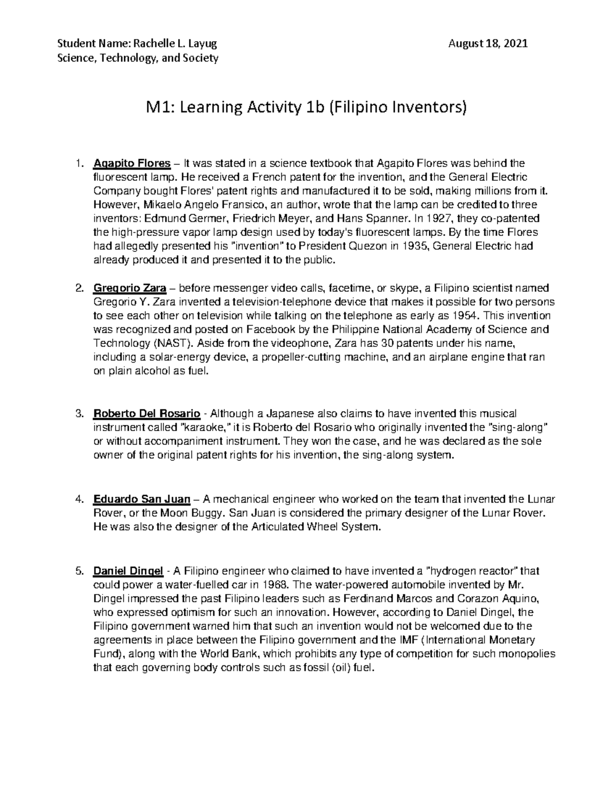 M1-Learning Activity 1b (Filipino Inventors) Layug - Doctor of Dental ...