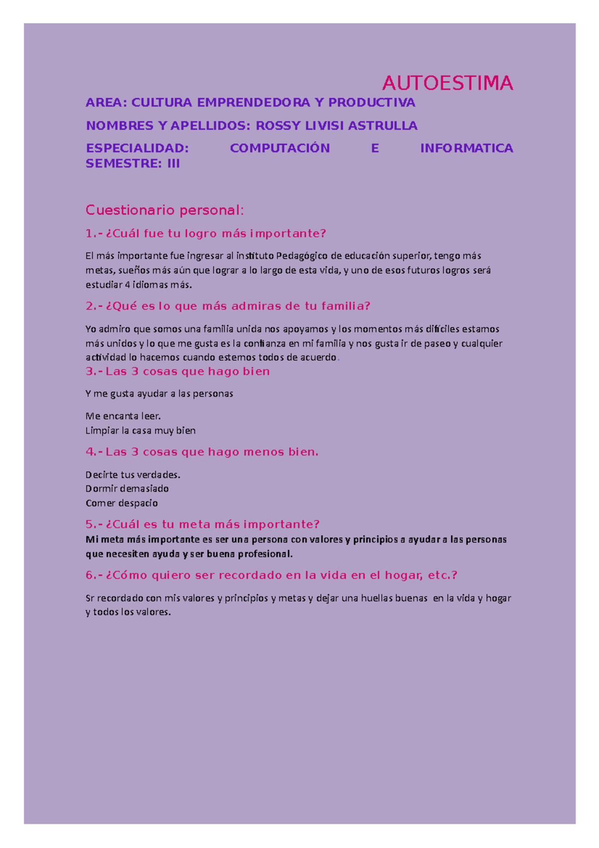 Autoestima AREA - ddfdfd - AUTOESTIMA AREA: CULTURA EMPRENDEDORA Y ...