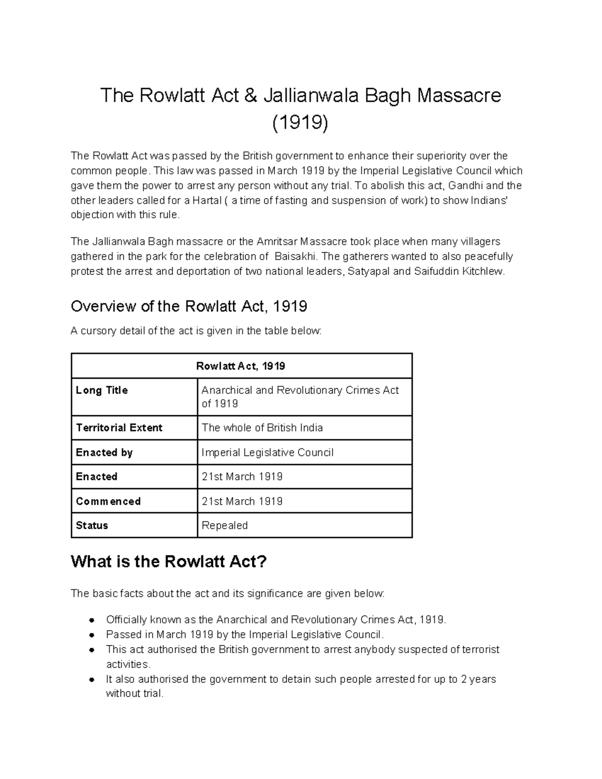 The Rowlatt Act Jallianwala Bagh Massacre 1919 1 - The Rowlatt Act ...
