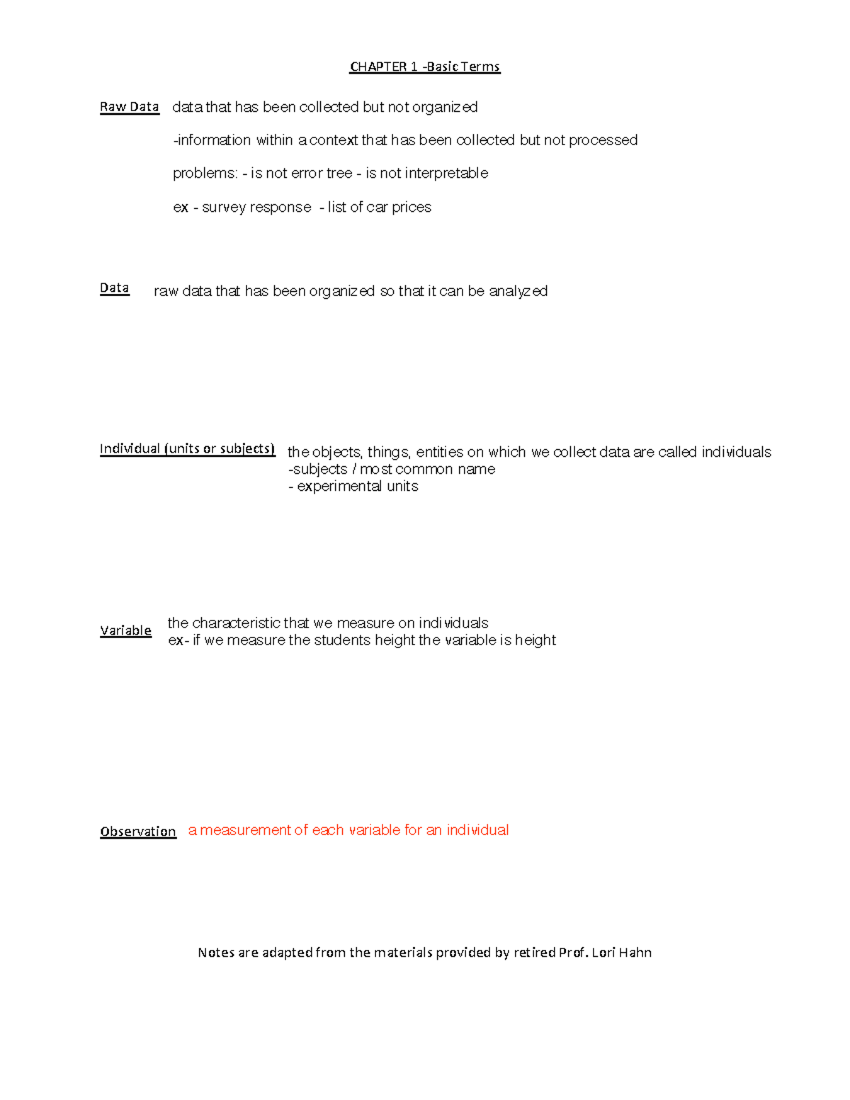Chapter 1 - CHAPTER 1 - Basic Terms Raw Data Data Individual (units or ...