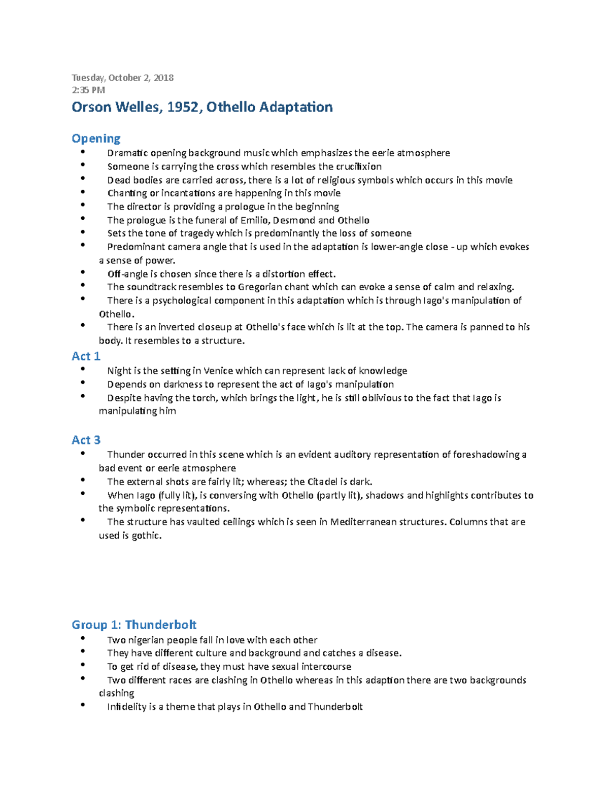 Lecture 4 - Adaptations of Othello - Tuesday, October 2, 2018 2:35 PM ...