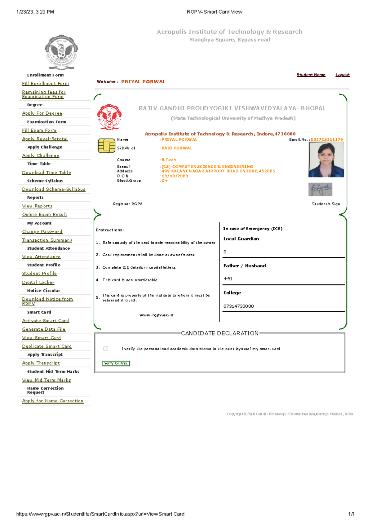 Priyal Smart Card - rthtrhrthrtght - 1/23/23, 3:20 PM RGPV- Smart Card ...