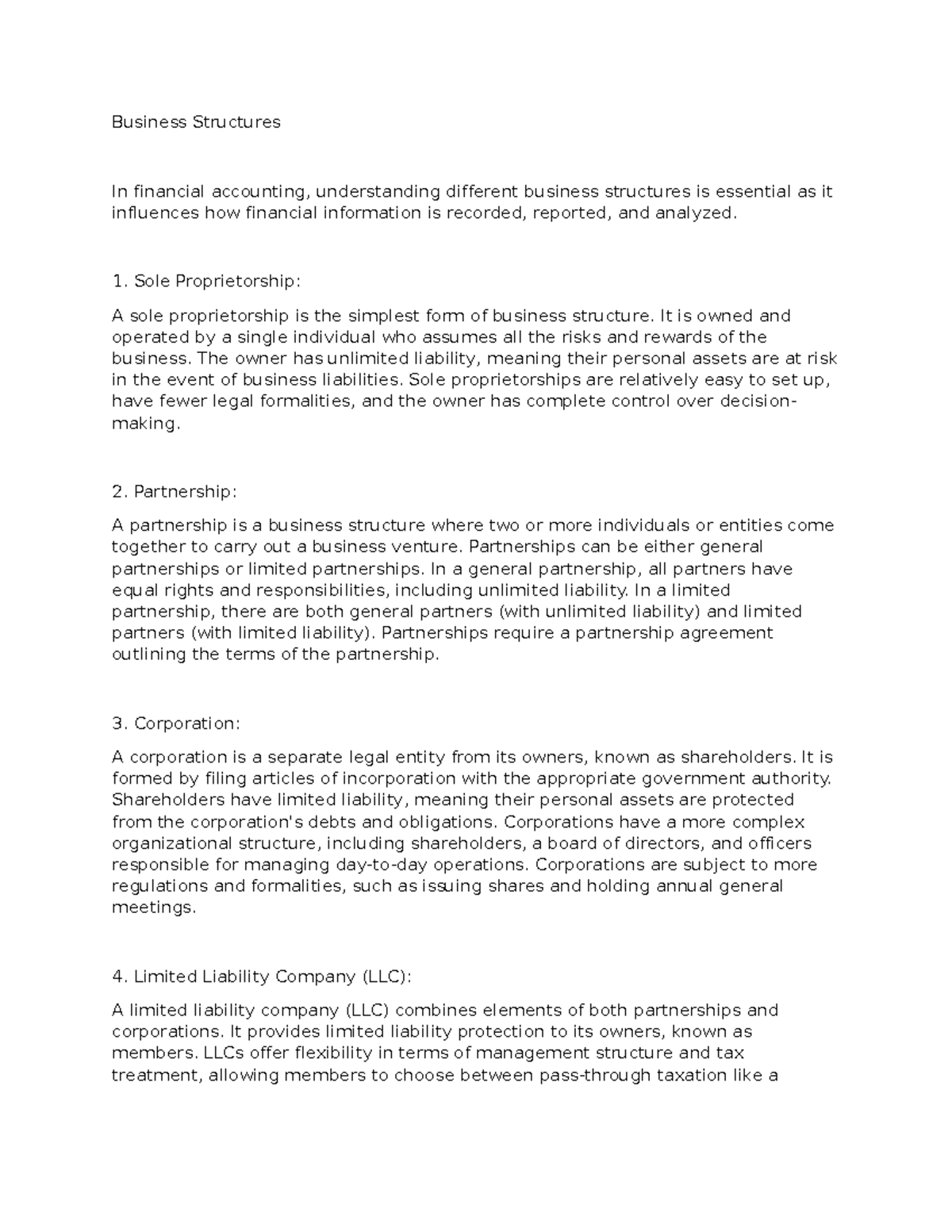 Business Structures - Sole Proprietorship: A sole proprietorship is the ...