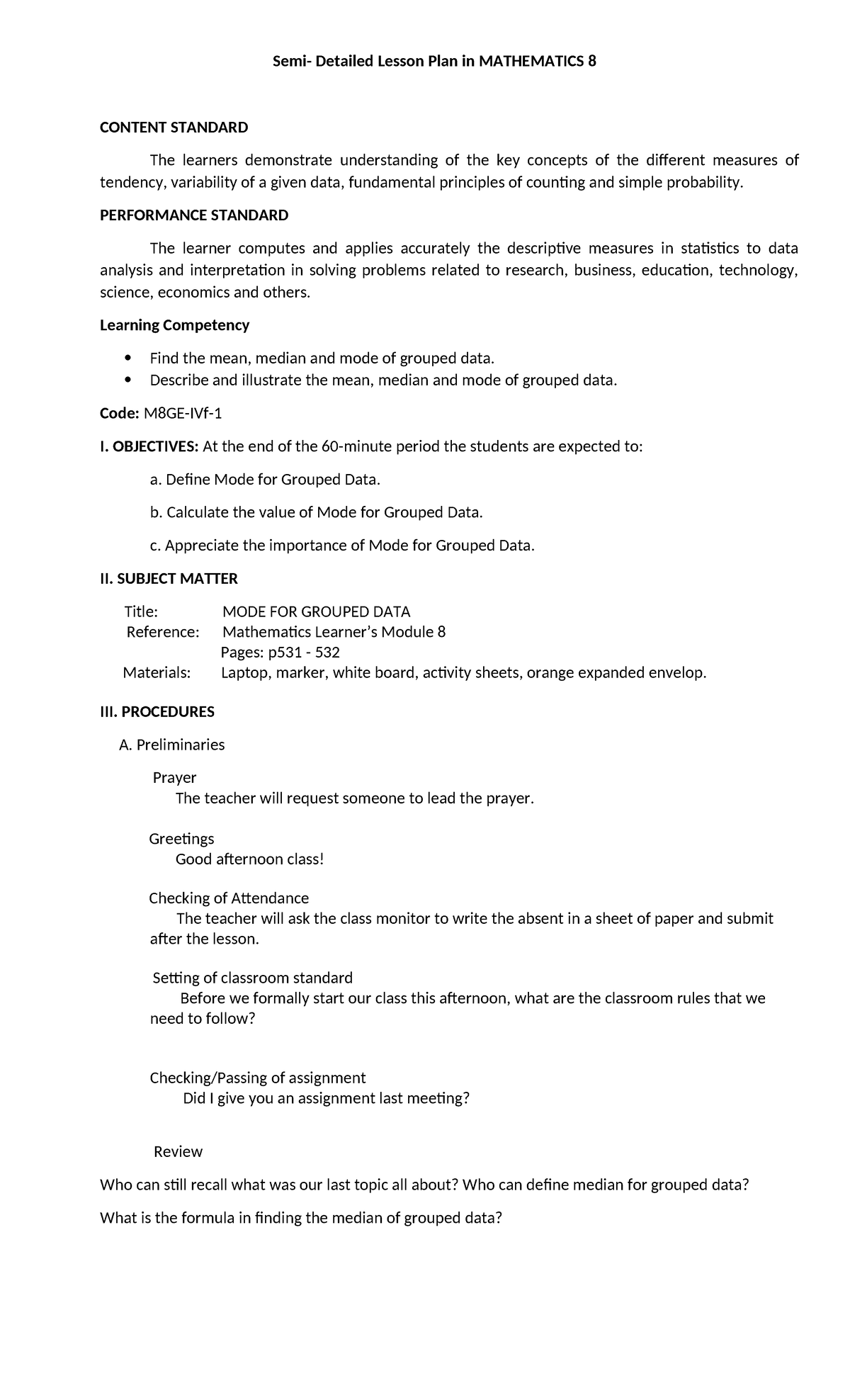 Lesson PLAN Grade 8 - for education purpose. - Semi- Detailed Lesson ...