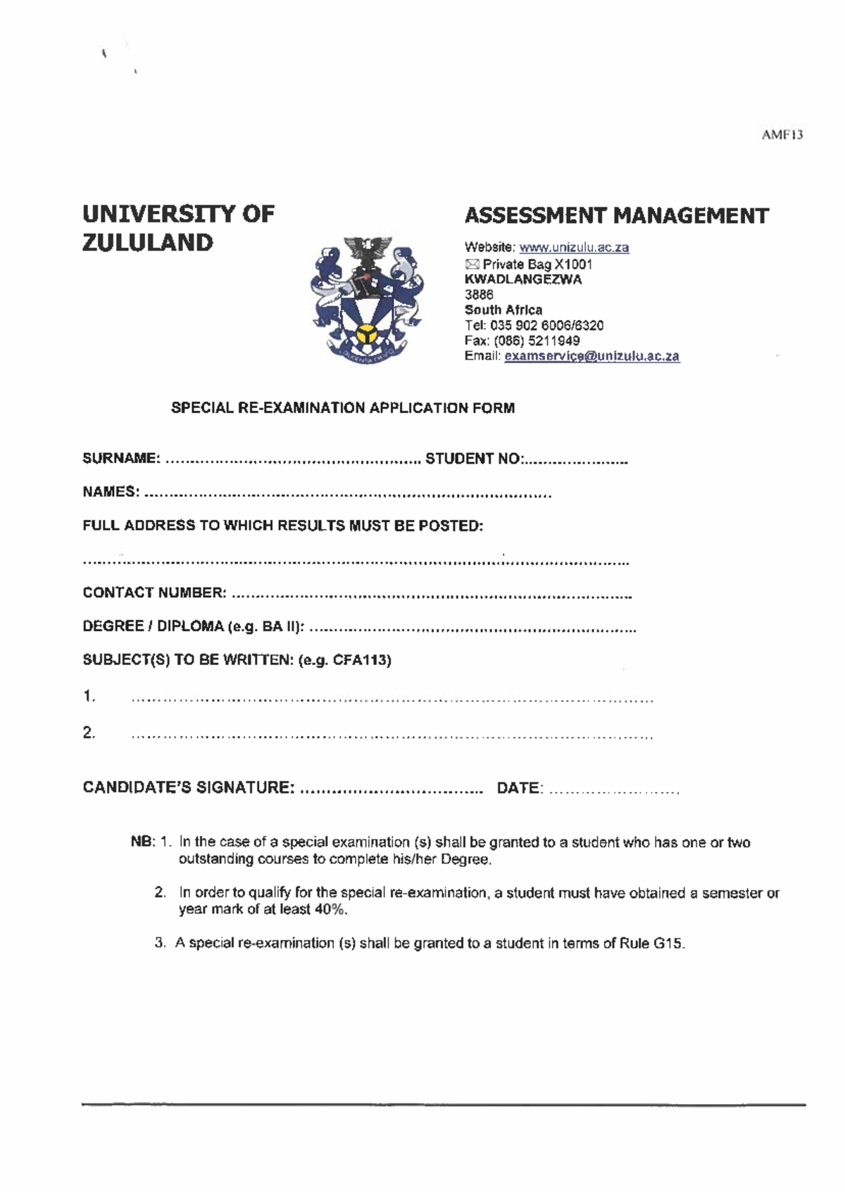 Special RE EXAM Application FORM - CLLB302 - Studocu