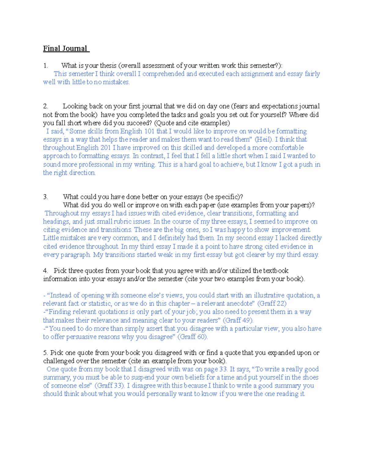 English 201- Final Journal - Final Journal What is your thesis (overall ...