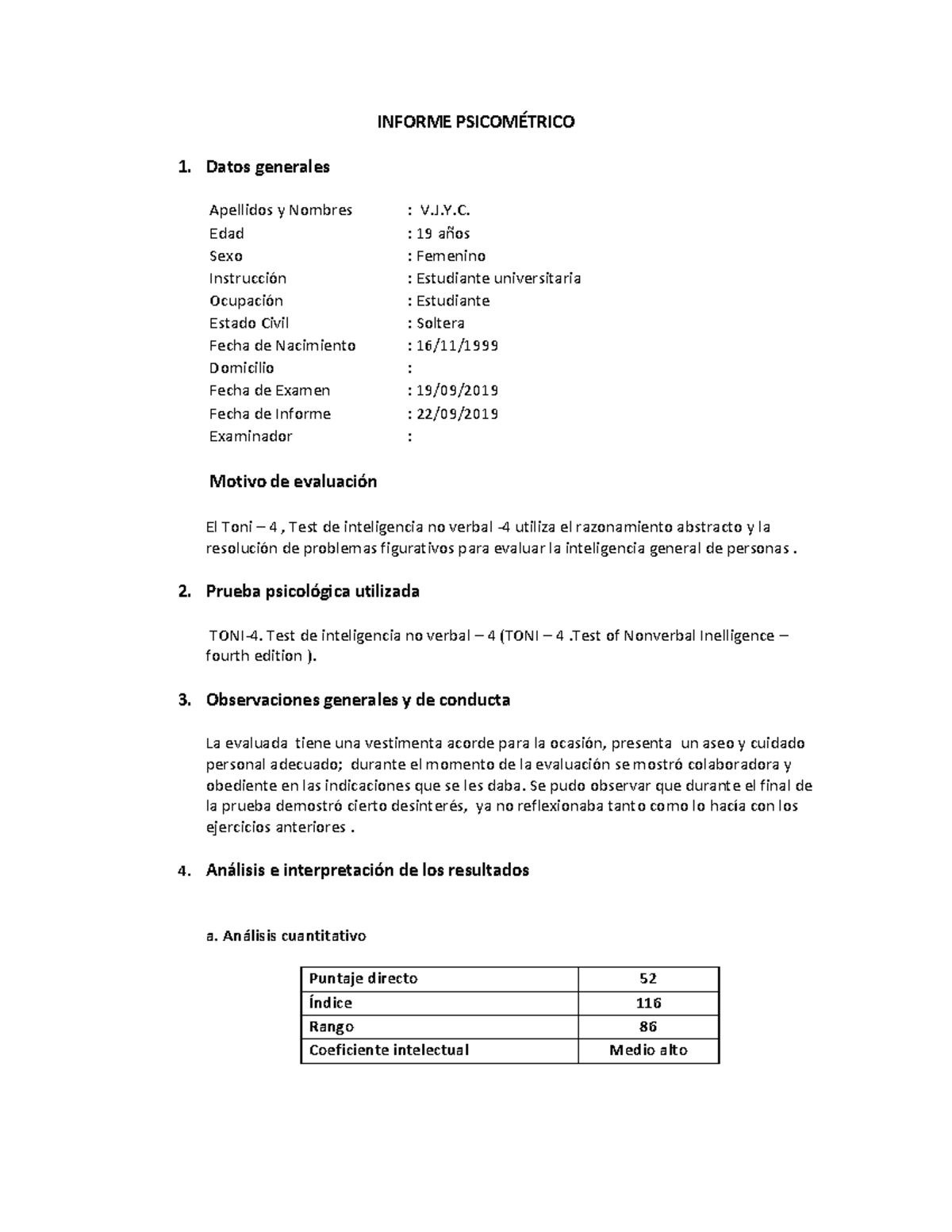 Toni 4 - informe - Test de inteligencia no verbal - TONI 4 - INFORME ...