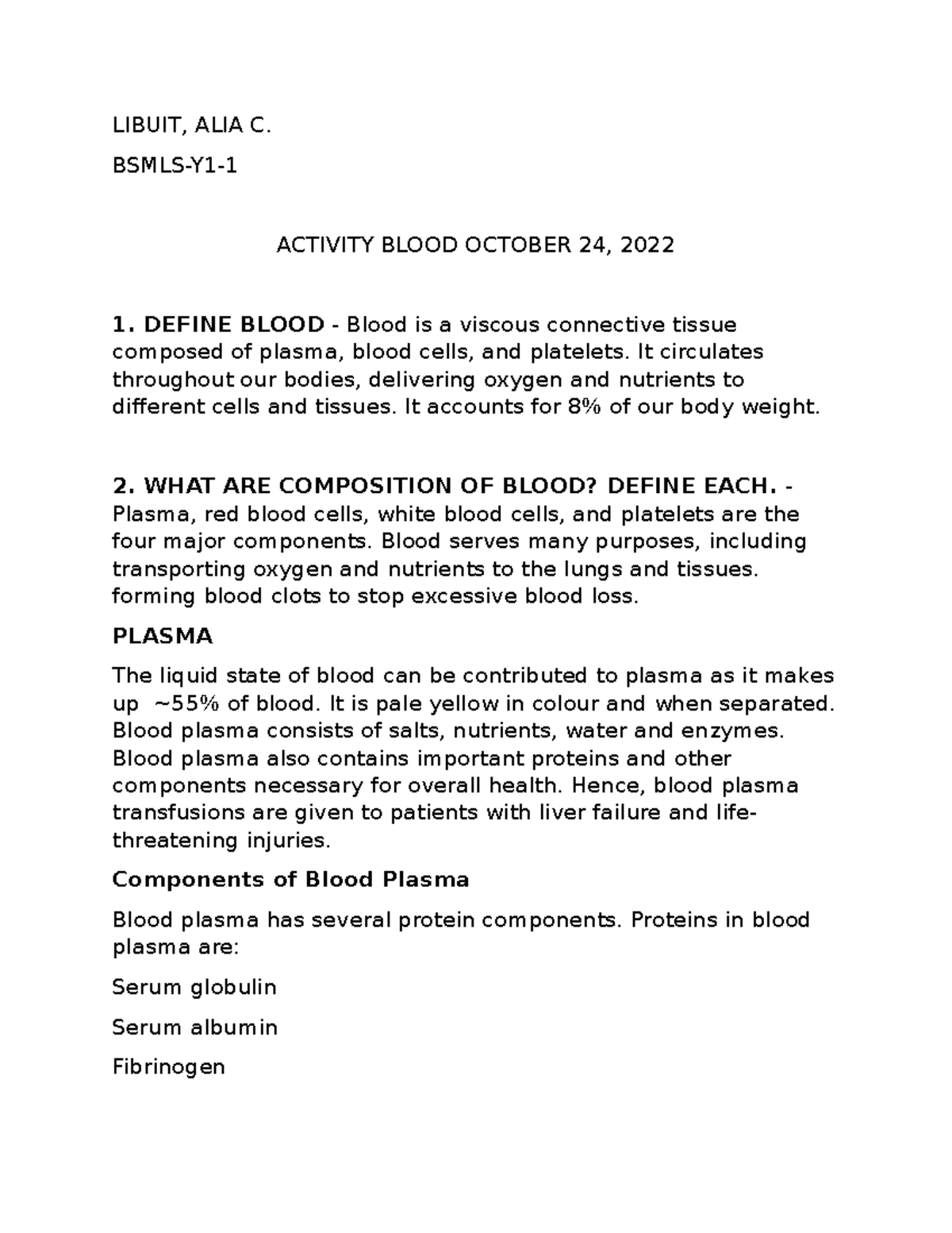 Blood ACT - LIBUIT, ALIA C. BSMLS-Y1- ACTIVITY BLOOD OCTOBER 24, 2022 ...
