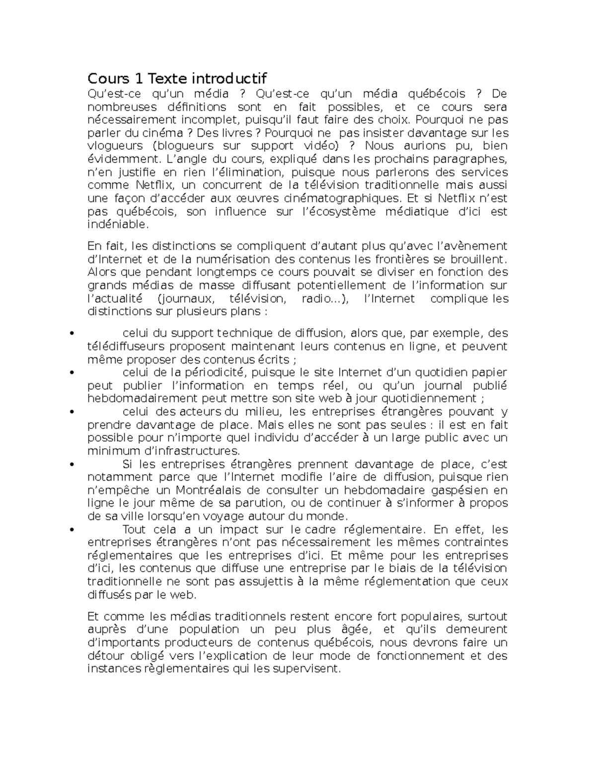 Note de cours - note - Cours 1 Texte introductif Qu’est-ce qu’un média ...