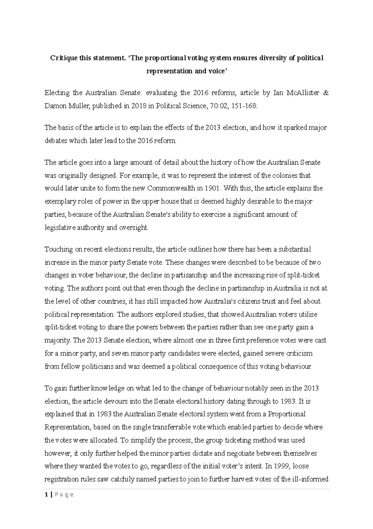 POLI 1008 CA01 - Article Analysis - Critique this statement. ‘The ...