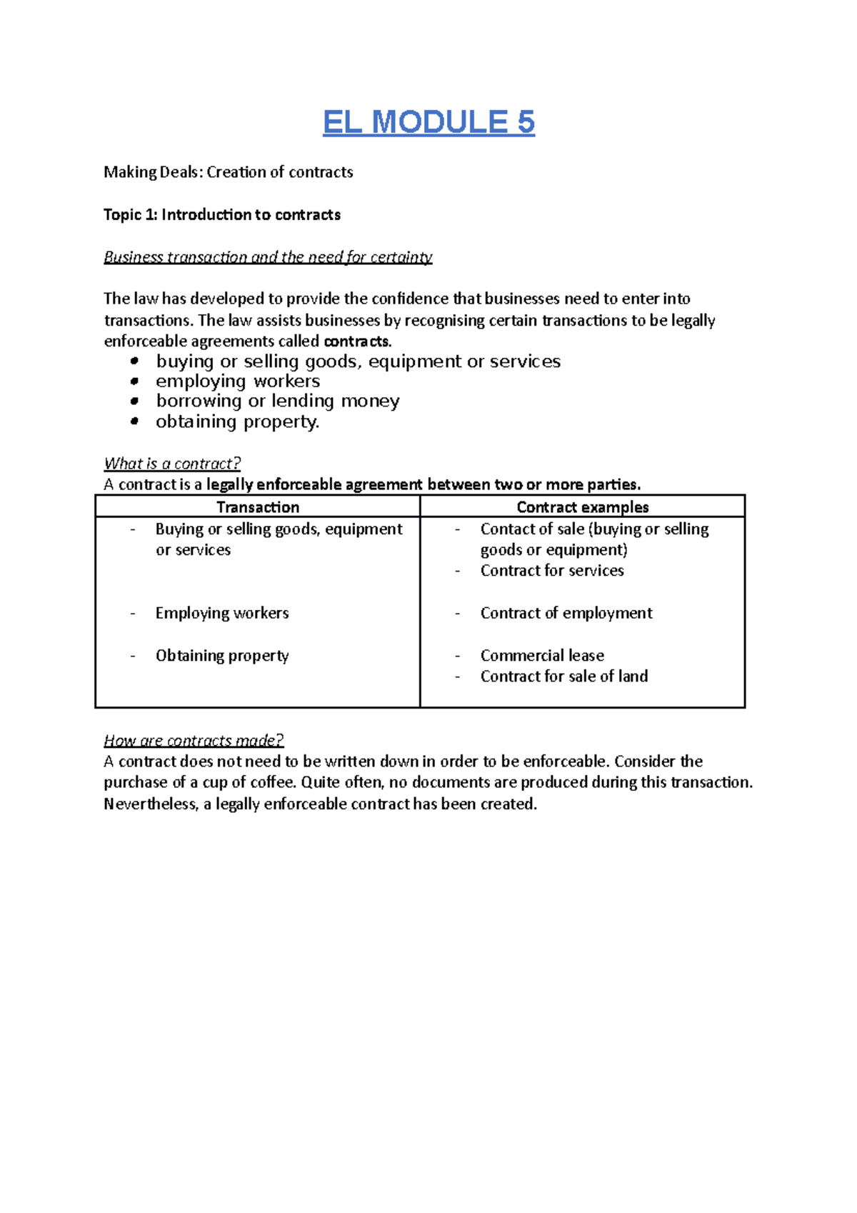 EL Module 5 - Making Deals: Creation of contracts - EL MODULE 5 Making Deals: Creation of ...