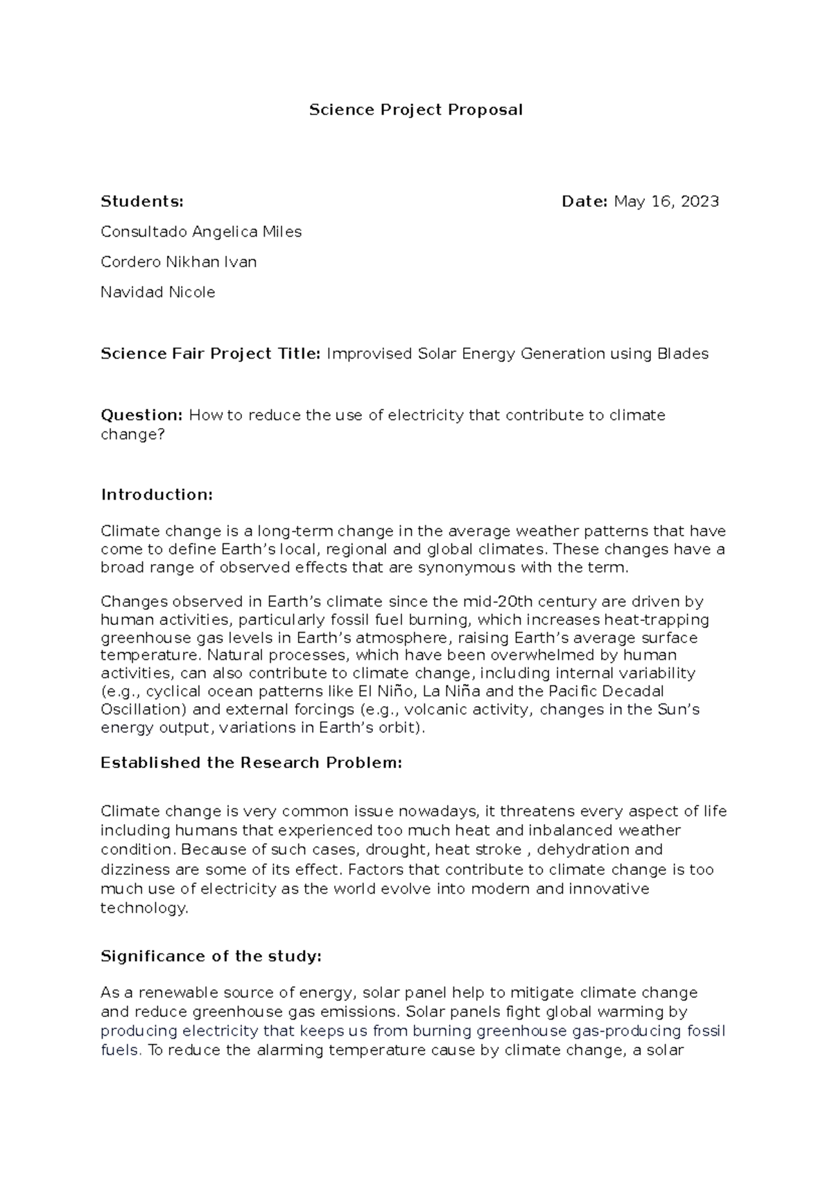 Investigatory Proposal - Science Project Proposal Students: Date: May ...