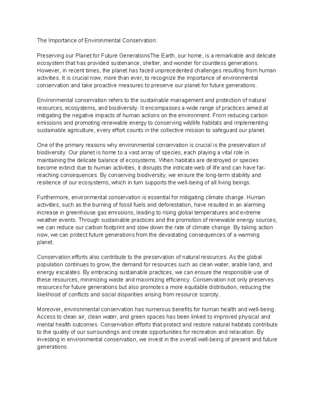 Essay 2 - The Importance of Environmental Conservation: Preserving our ...