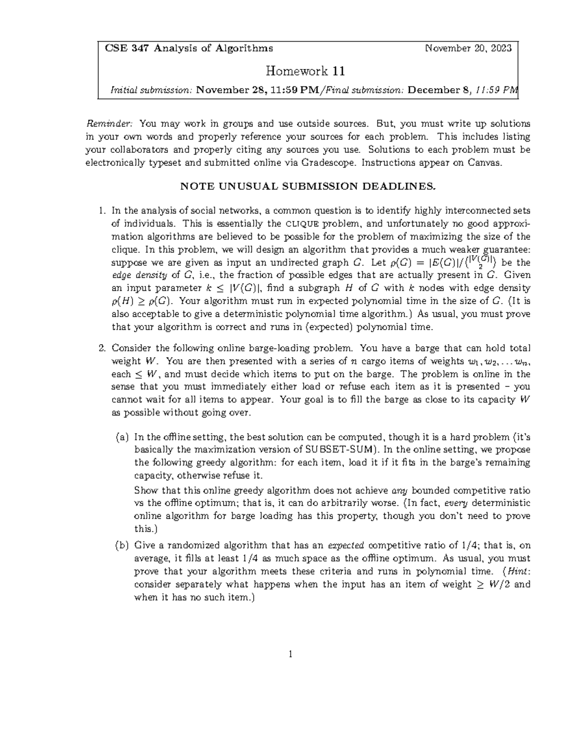 Hw-f23-11 - Homework - CSE 347 Analysis of Algorithms November 20, 2023 Homework 11 Initial ...