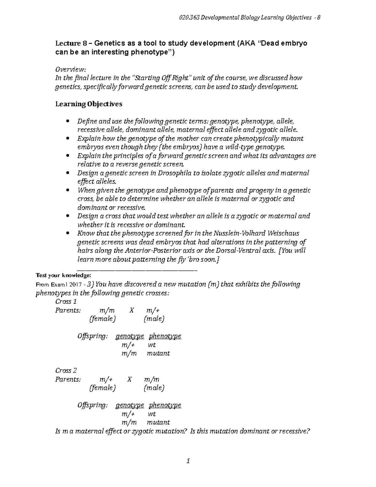 Lecture 8 Genetics Tools Learning Goals - 020 Developmental Biology ...