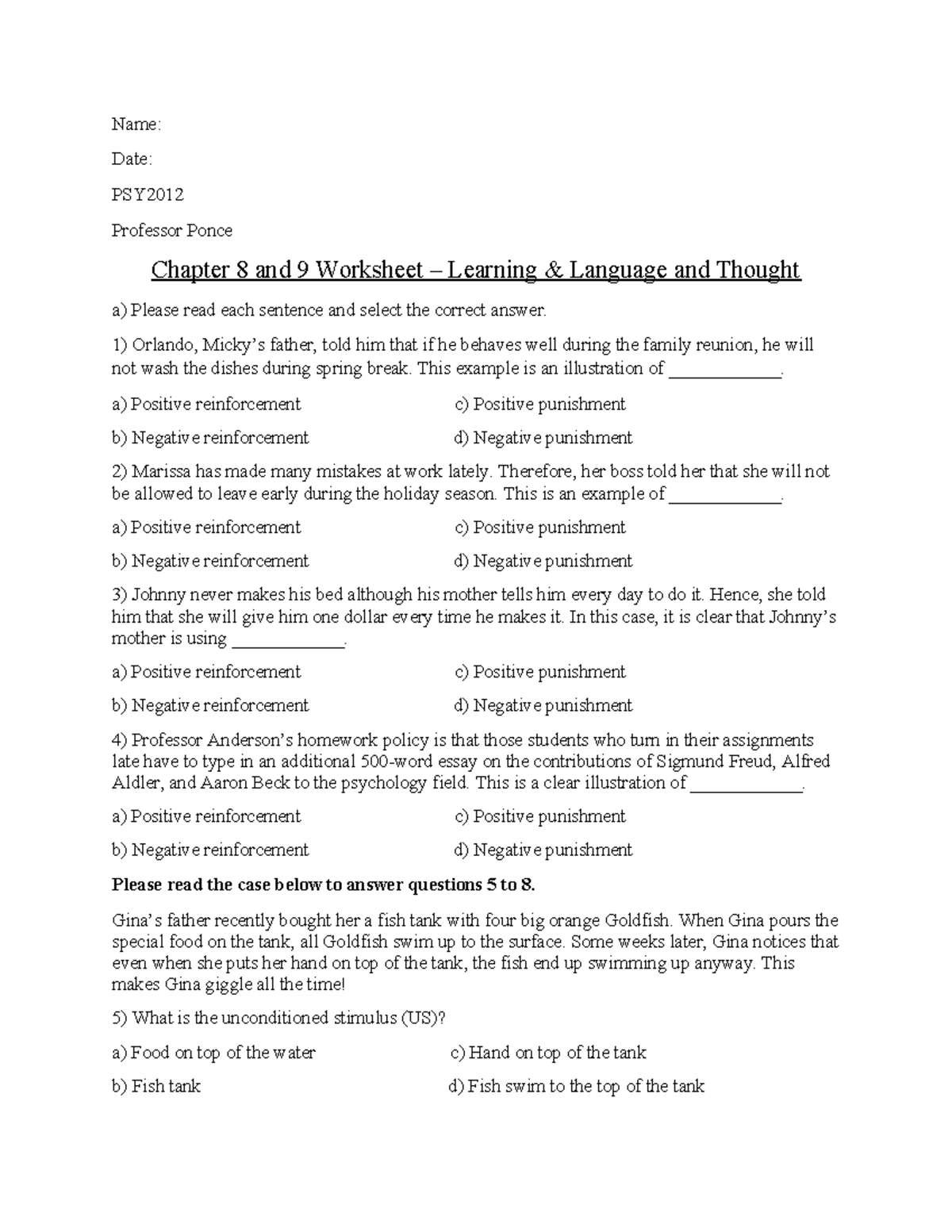Chapter 8 and 9 Worksheet - Name: Date: PSY Professor Ponce Chapter 8 ...