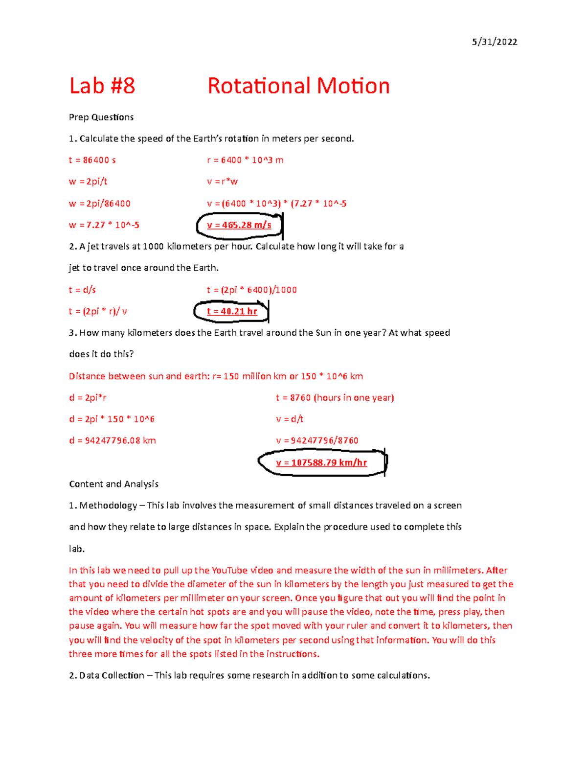 Lab 8 - Lab 1 - 5/31/ Lab #8 Rotational Motion Prep Questions Calculate ...