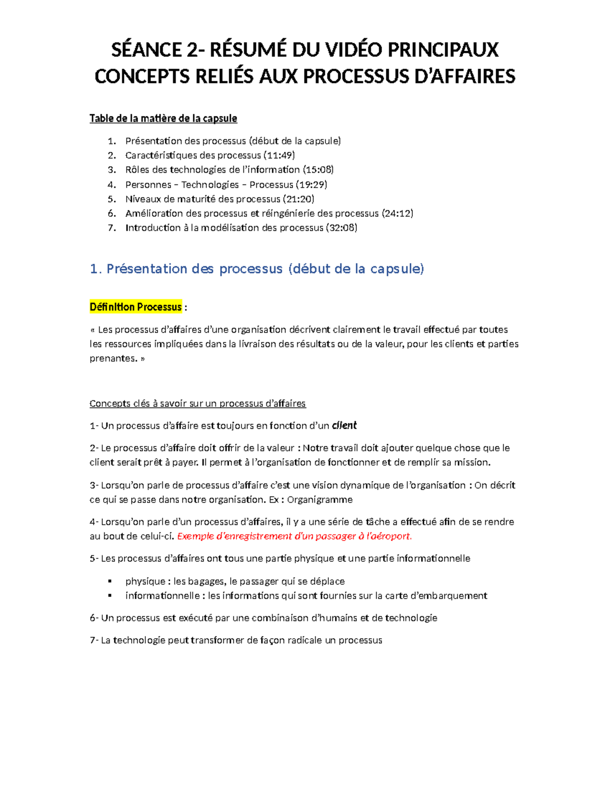 Résumé - Principaux concepts aux processus d'affaires - CONCEPTS RELIÉS ...