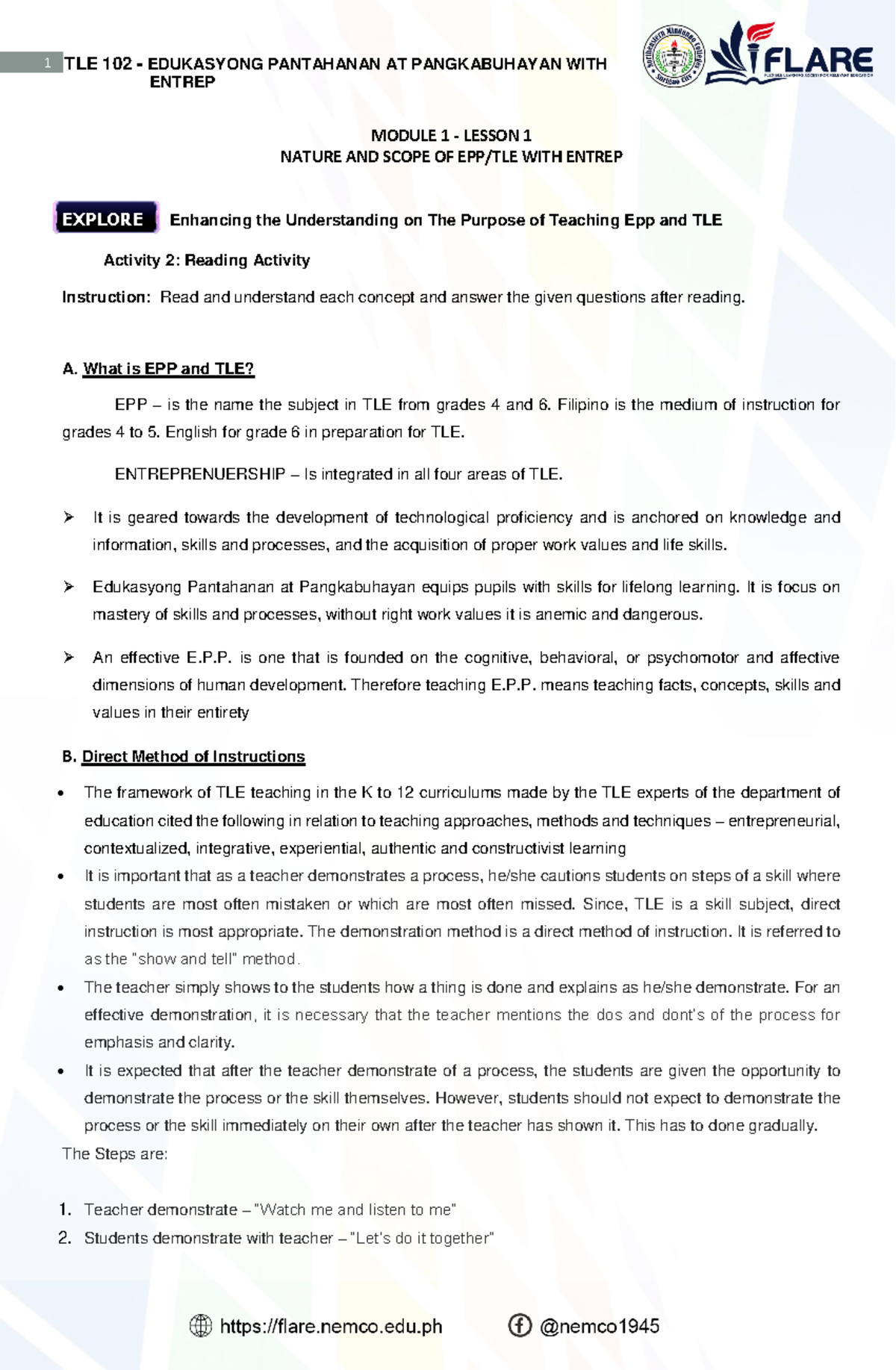 TLE-102- Buselak - ENTREP MODULE 1 - LESSON 1 NATURE AND SCOPE OF EPP/TLE WITH ENTREP EXPLORE ...